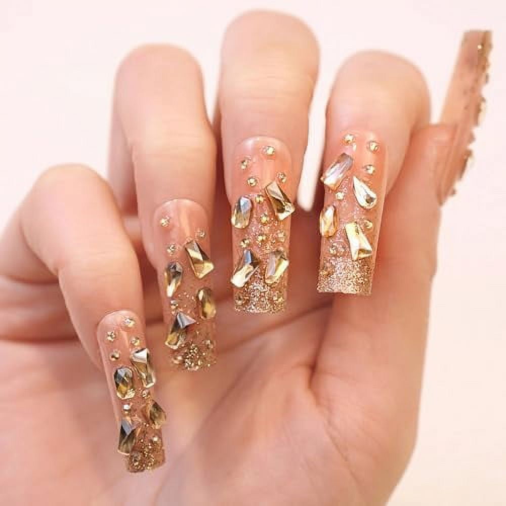 Shnwu Press On Nails Long Square Fake Nails Glossy Glue On Nails Bling
