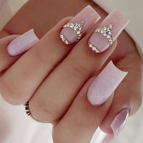 Shnwu Press On Nails Long Square Fake Nails Glossy Glue On Nails Pink