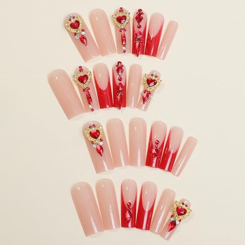 Shnwu Press On Nails Long Square Fake Nails Glossy Glue On Nails Red