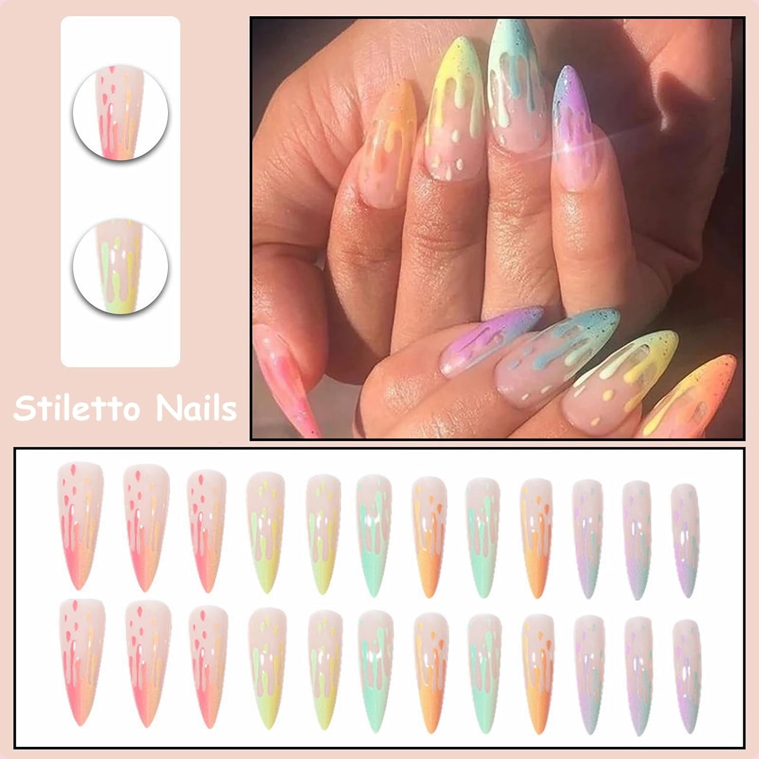 Shnwu Press On Nails Long Stiletto Fake Nails Glossy Glue On Nails