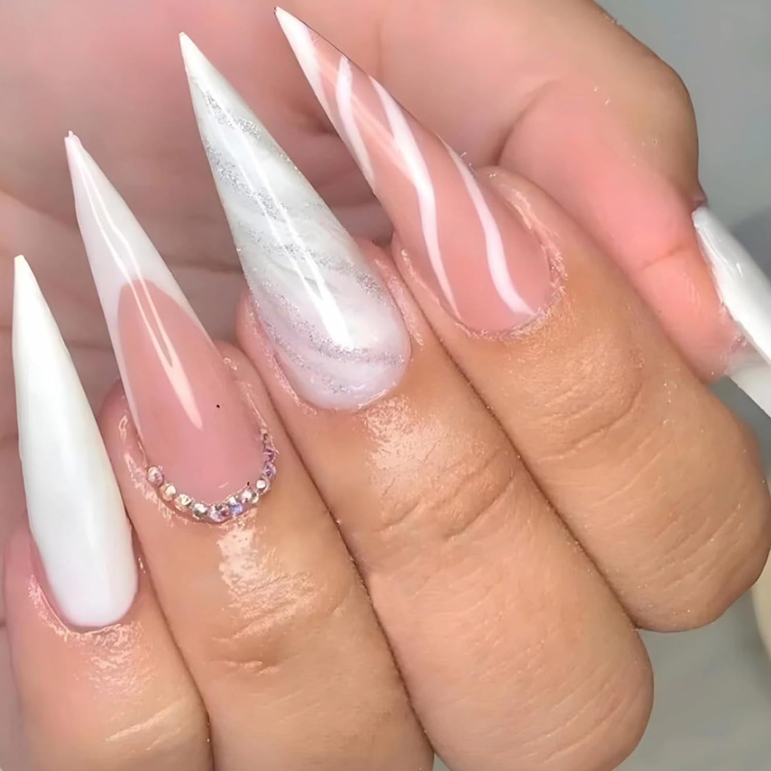 Shnwu Press On Nails Long Stiletto Fake Nails Glossy Glue On Nails