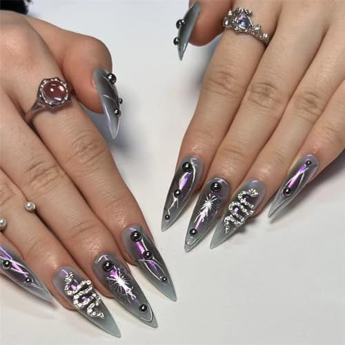Shnwu Press On Nails Stiletto Long Almond Pearls Acrylic Fake Nails