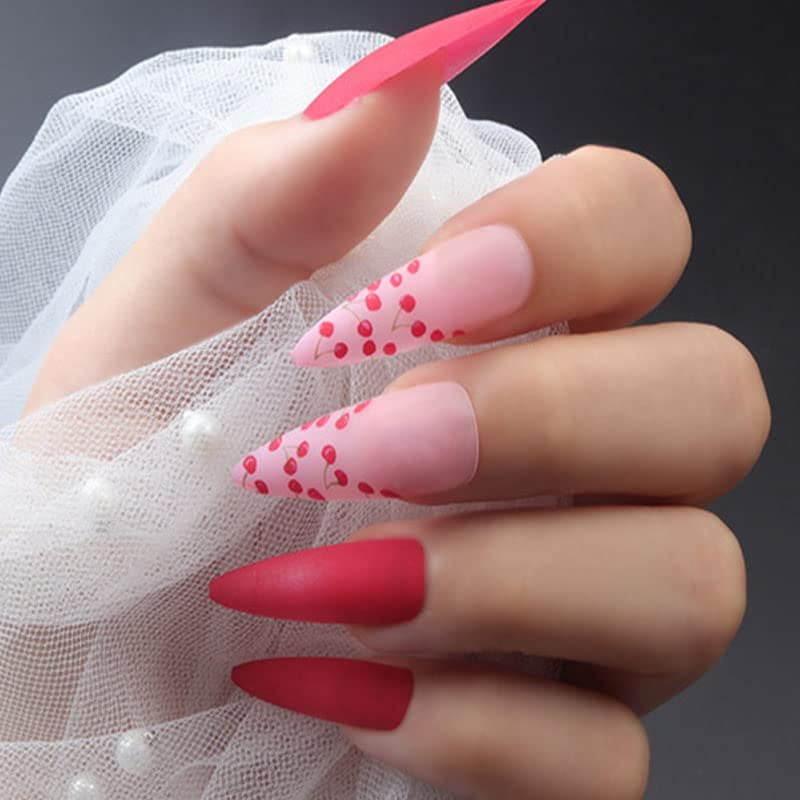 Shnwu Stiletto Press On Nails Red Long Almond Fake Nails Glossy Glue On