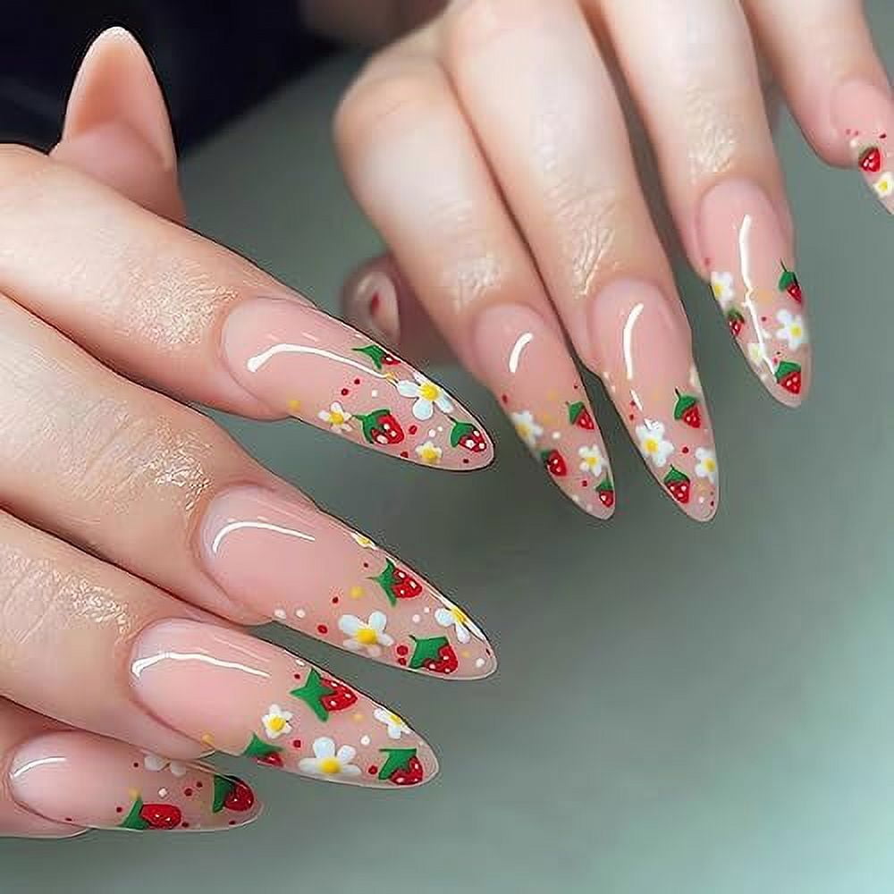 Shnwu Strawberry Press On Nails Long Almond Summer Cute Fake Nails Nude Pink French Tip False