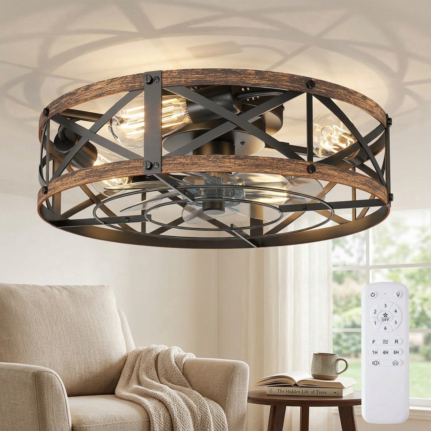 SHOUFTW 19 inch Bladeless Farmhouse Flush Mount Ceiling Fan with Lights ...