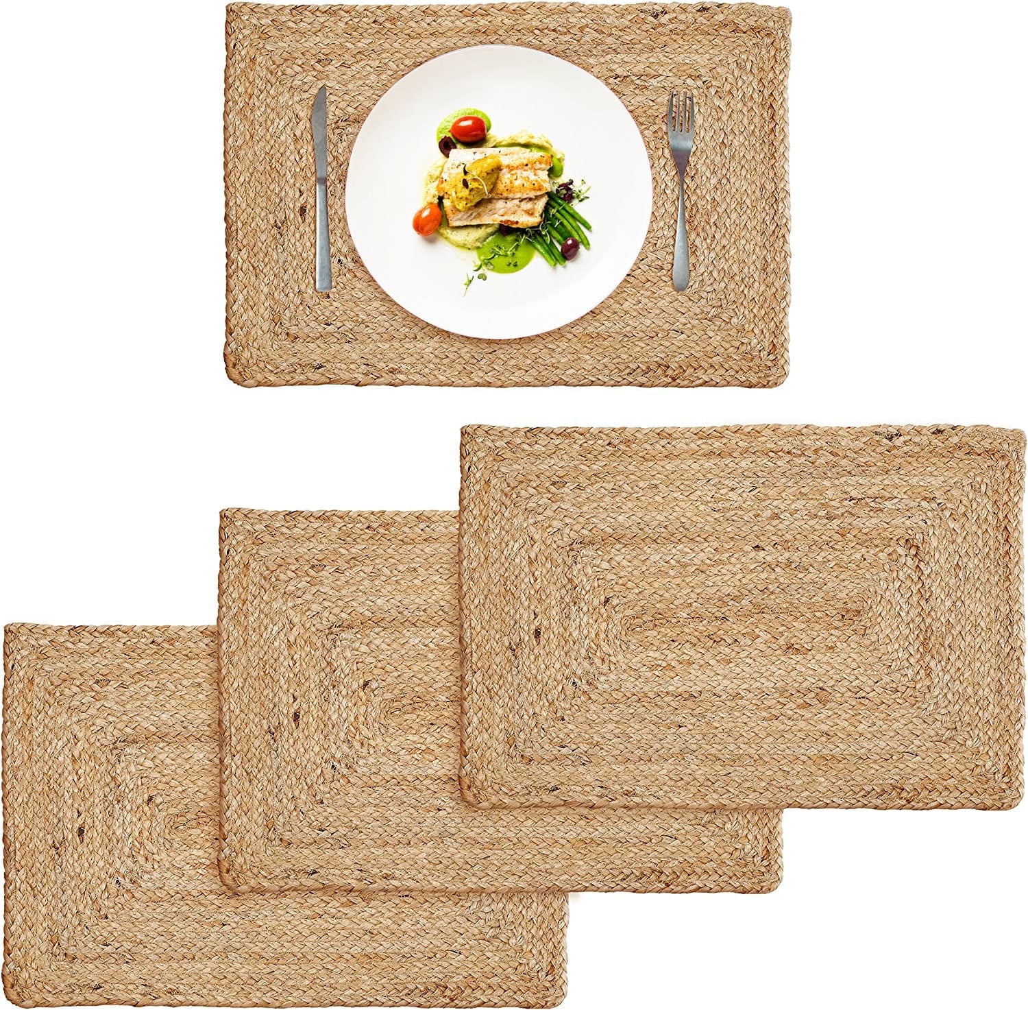 SHOPCREW Rectangle 100% Jute Braided Placemats Set of 6 for Dining ...
