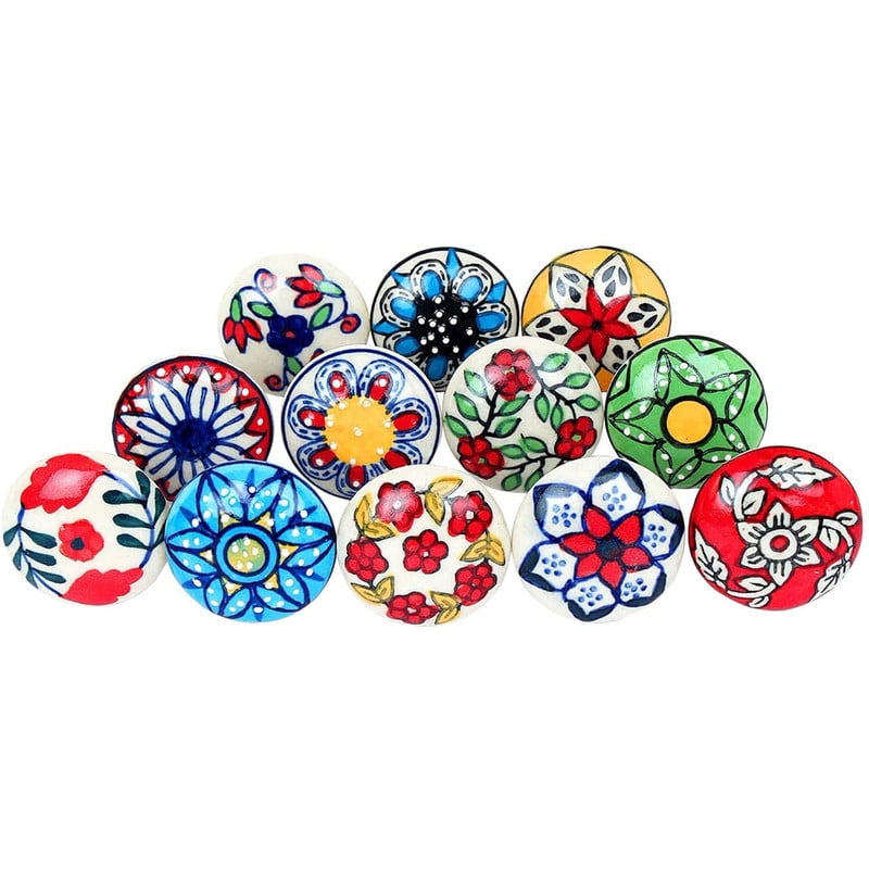 SHOPCREW Set of 12 Assorted Ceramic Pull Knobs Multicolor Classic Hand Painted Door Handle ...