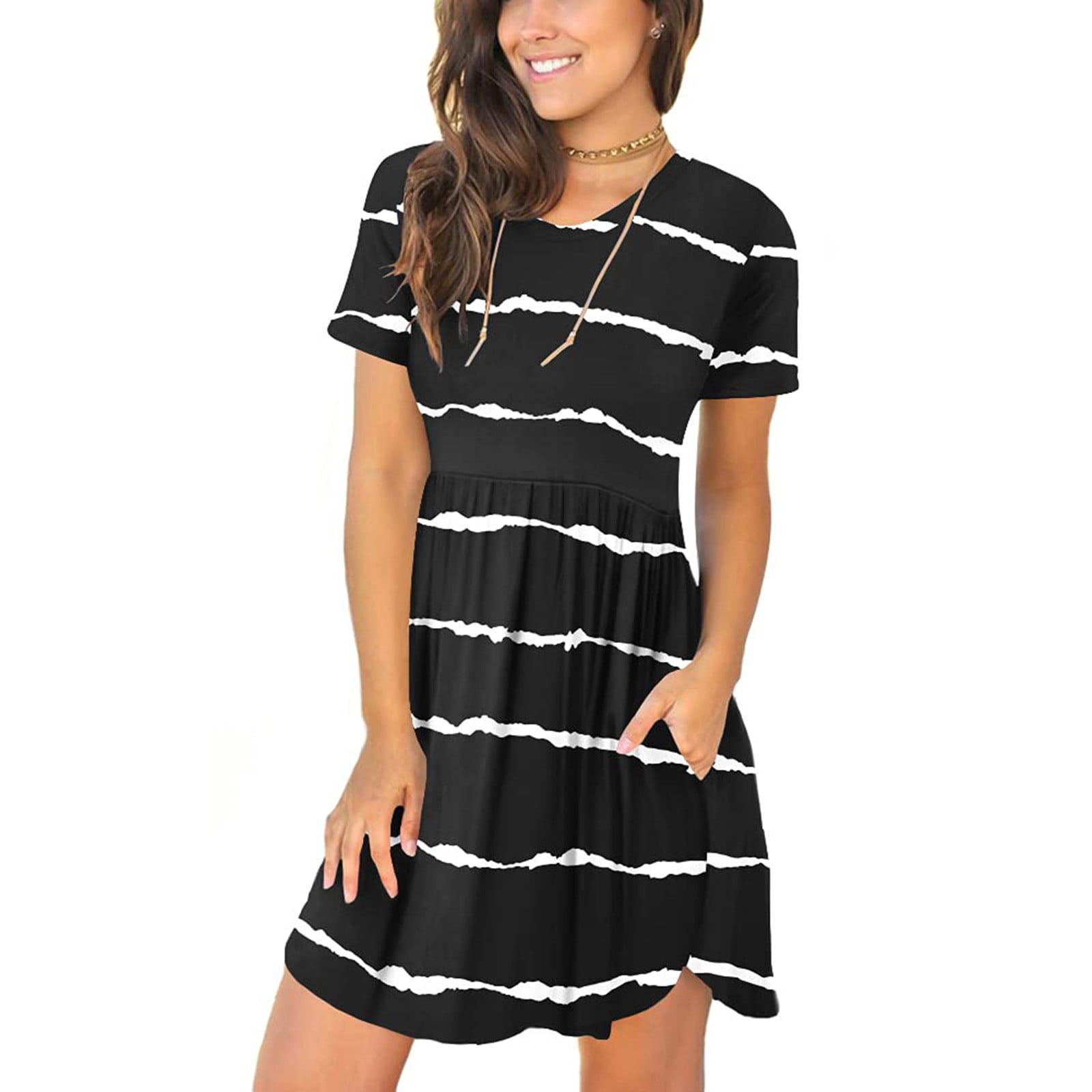 SHOPESSA Women Summer Tunic Dress with Pockets Short Sleeve Stripe ...