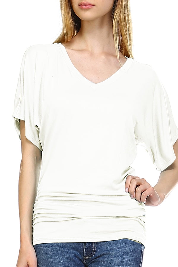 SHORT SLEEVE V NECK BLOUSE WITH SIDE SHIRRING LOOSE FIT SHIRT - Walmart.com