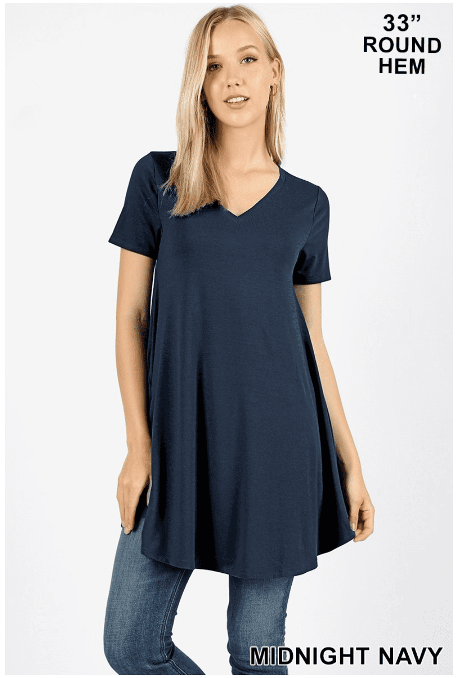 SHORT SLEEVE V-NECK ROUND HEM TUNIC AVAILABLE IN 2 COLORS (MIDNIGHTNAVY ...