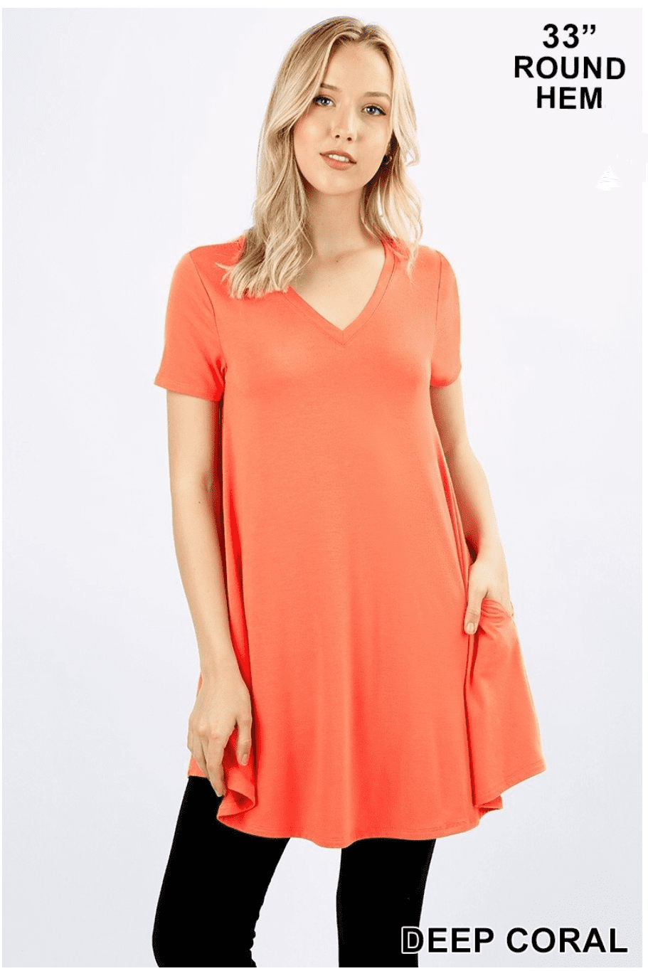 SHORT SLEEVE V-NECK ROUND HEM TUNIC AVAILABLE IN 2 COLORS - Walmart.com