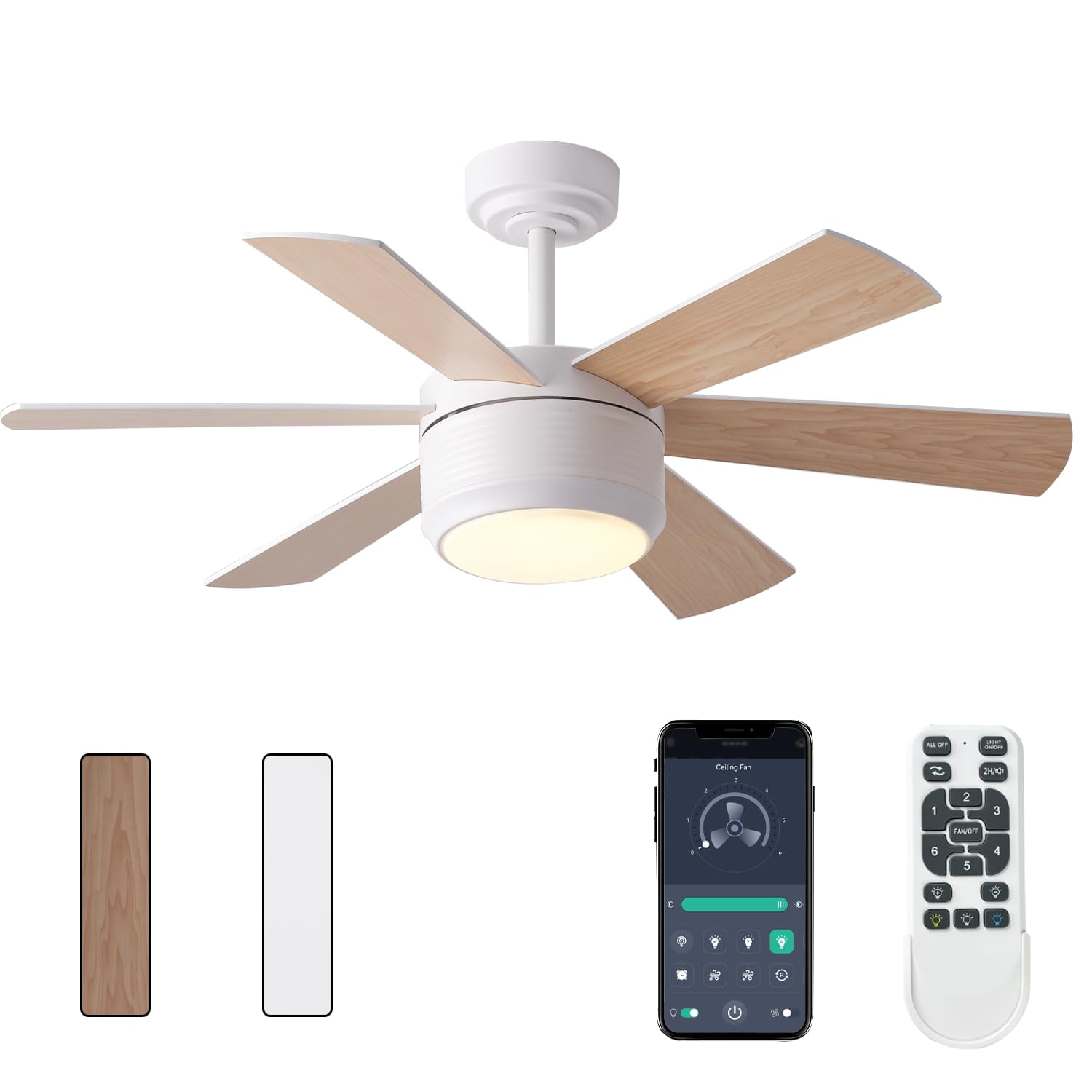 SHOWDI 42 Inch Ceiling Fan with Lights and Remote, 6 Blade App Control ...