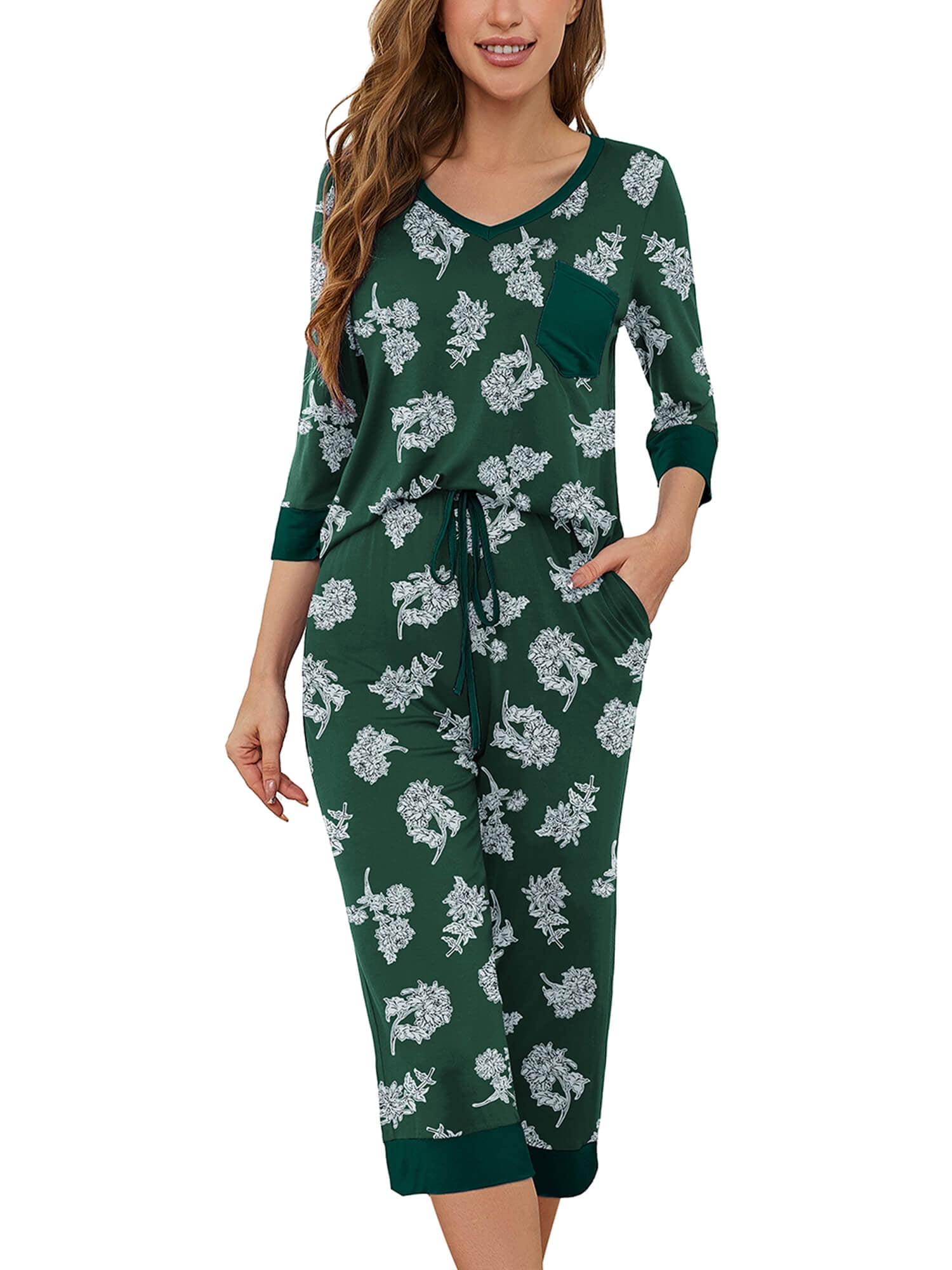 Showmall Comfy Lounge Sets for Women, Green and White Pajama Set, V ...