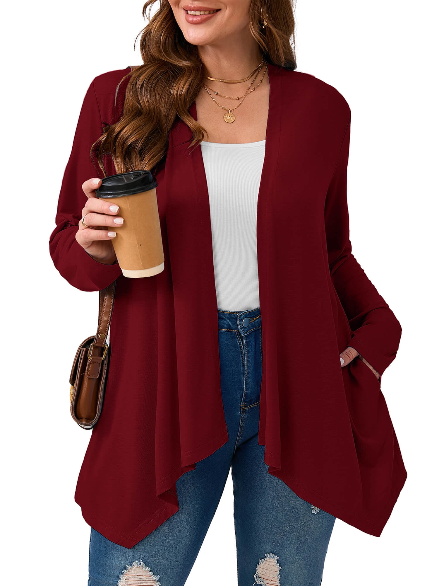 SHOWMALL Long Sleeve Lightweight Cardigan for Plus Size Women, Wine Red ...