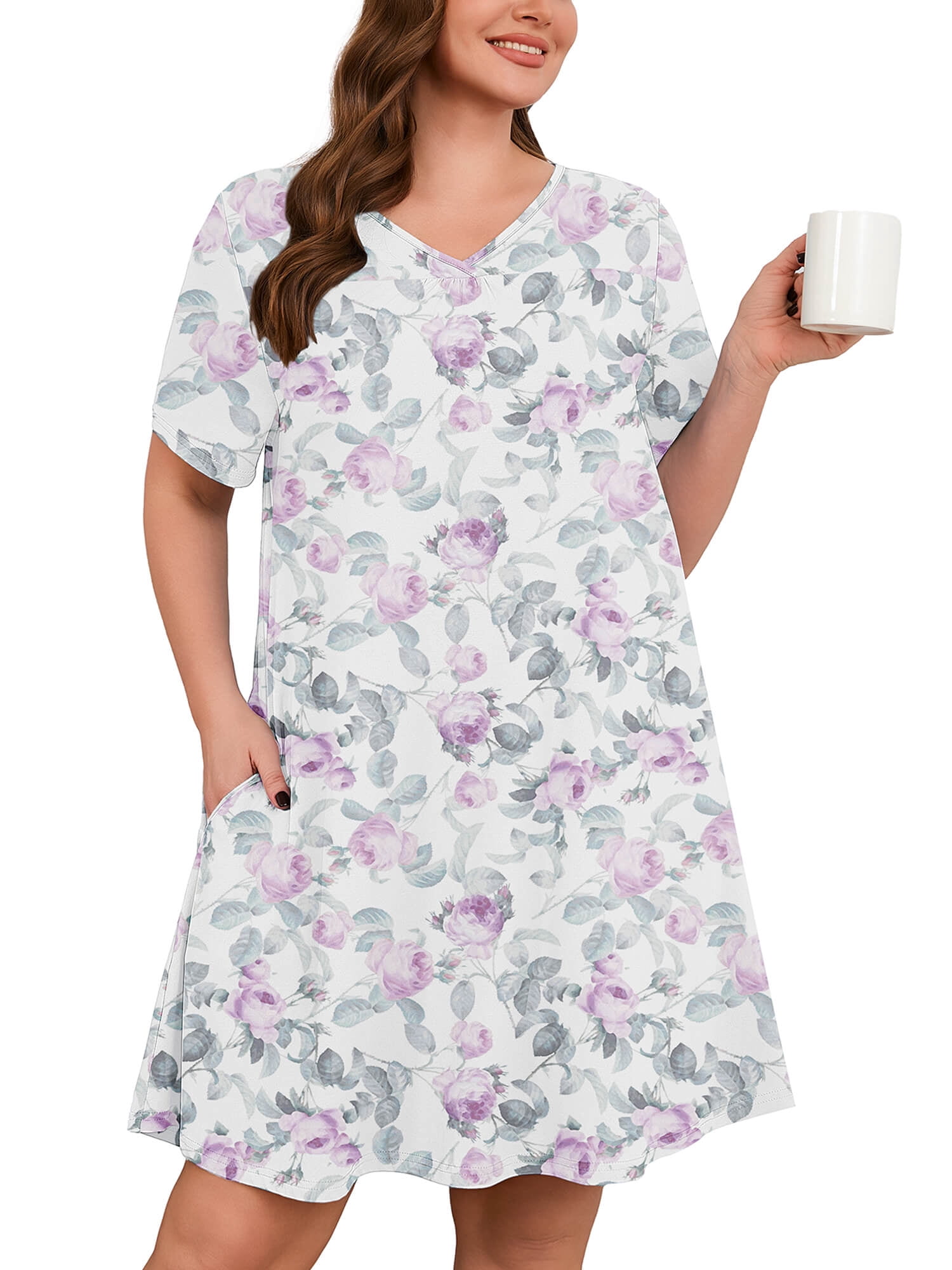 SHOWMALL Nightgowns for Plus Women Soft Short Sleeve Pajama Dress with ...