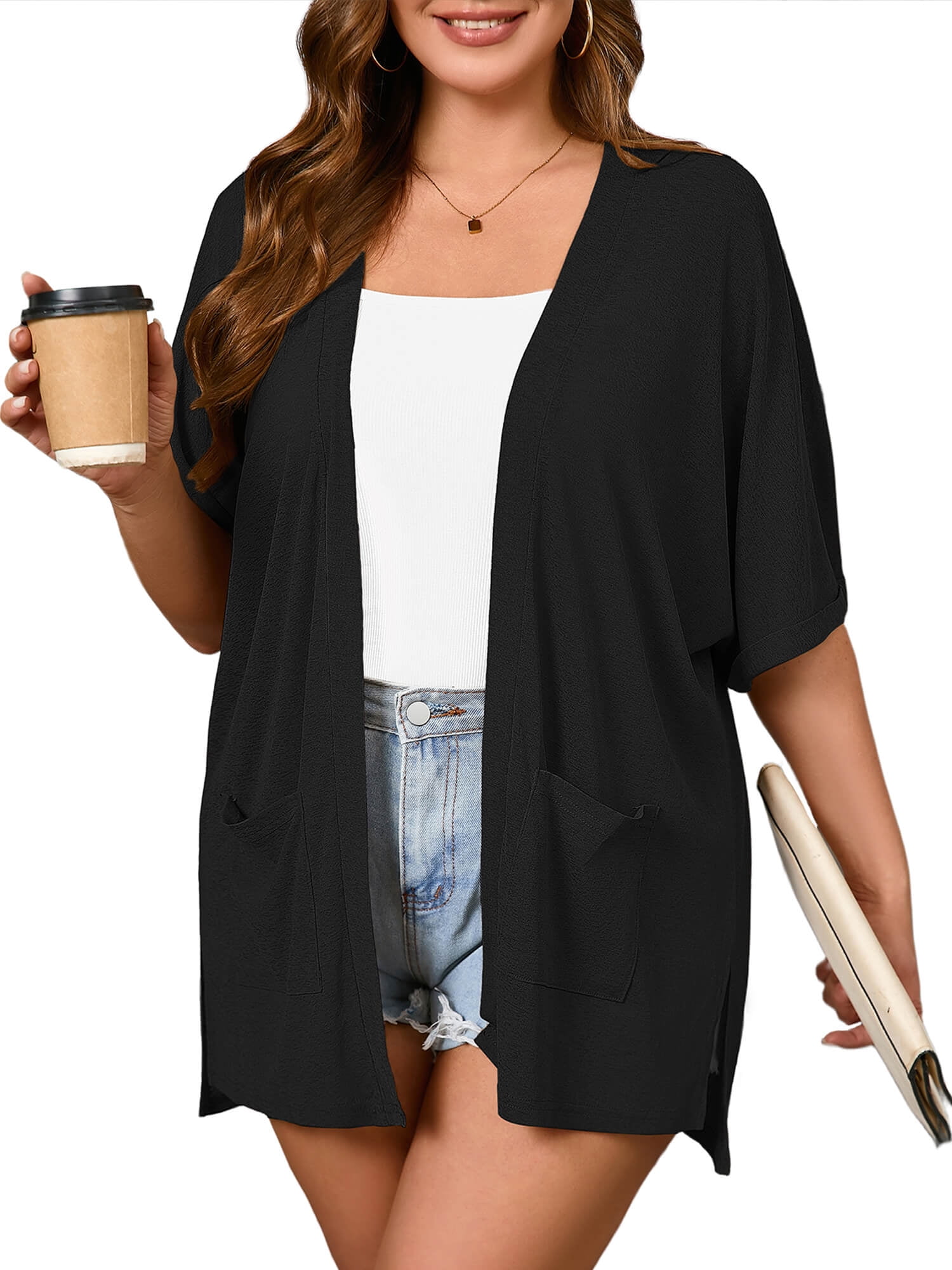 Showmall Plus Size Black Cardigan, Short Sleeve Lightweight Open Front ...