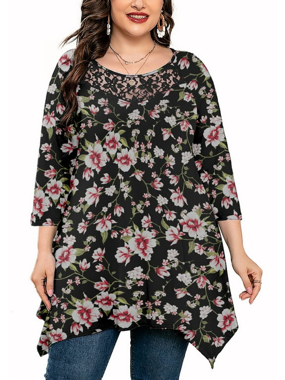 LARACE Womens Plus Size Long Sleeve Tops Tunic Tops Casual Floral ...