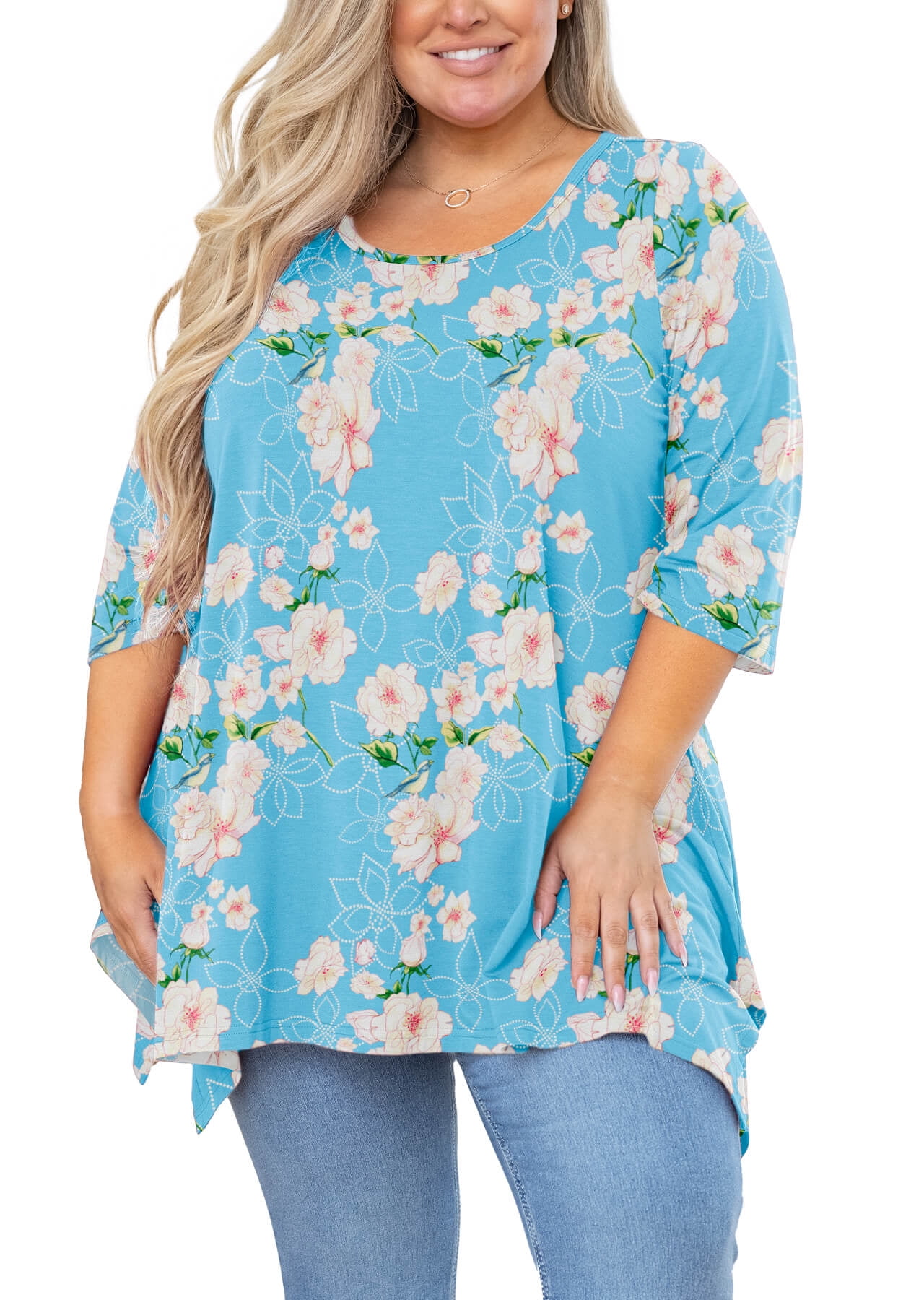 Showmall Plus Size Tunic Top, 3/4 Sleeve, Crewneck, Light Blue Floral ...