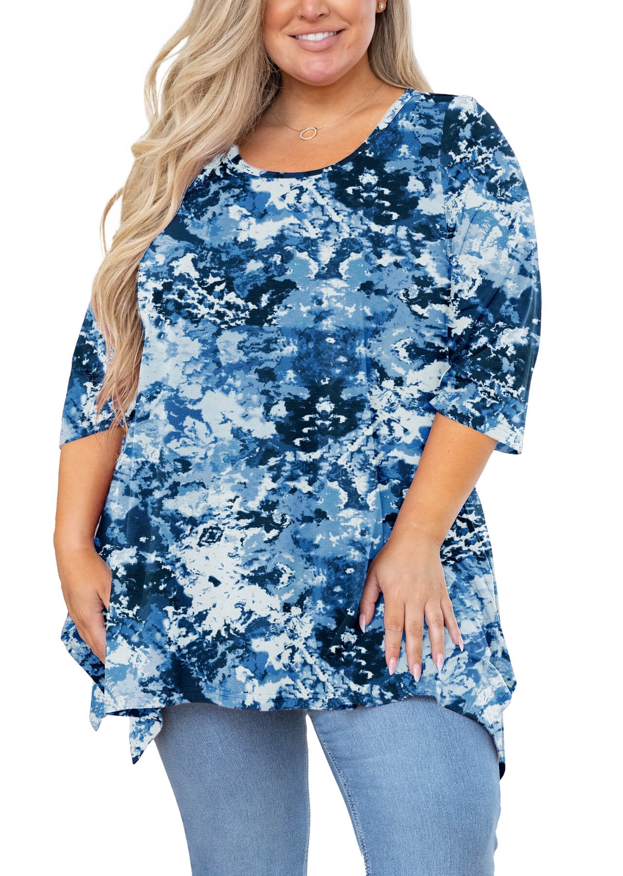 SHOWMALL Plus Size Clothes for Women 3/4 Sleeve Blouse Tie-Dyeing Blue ...