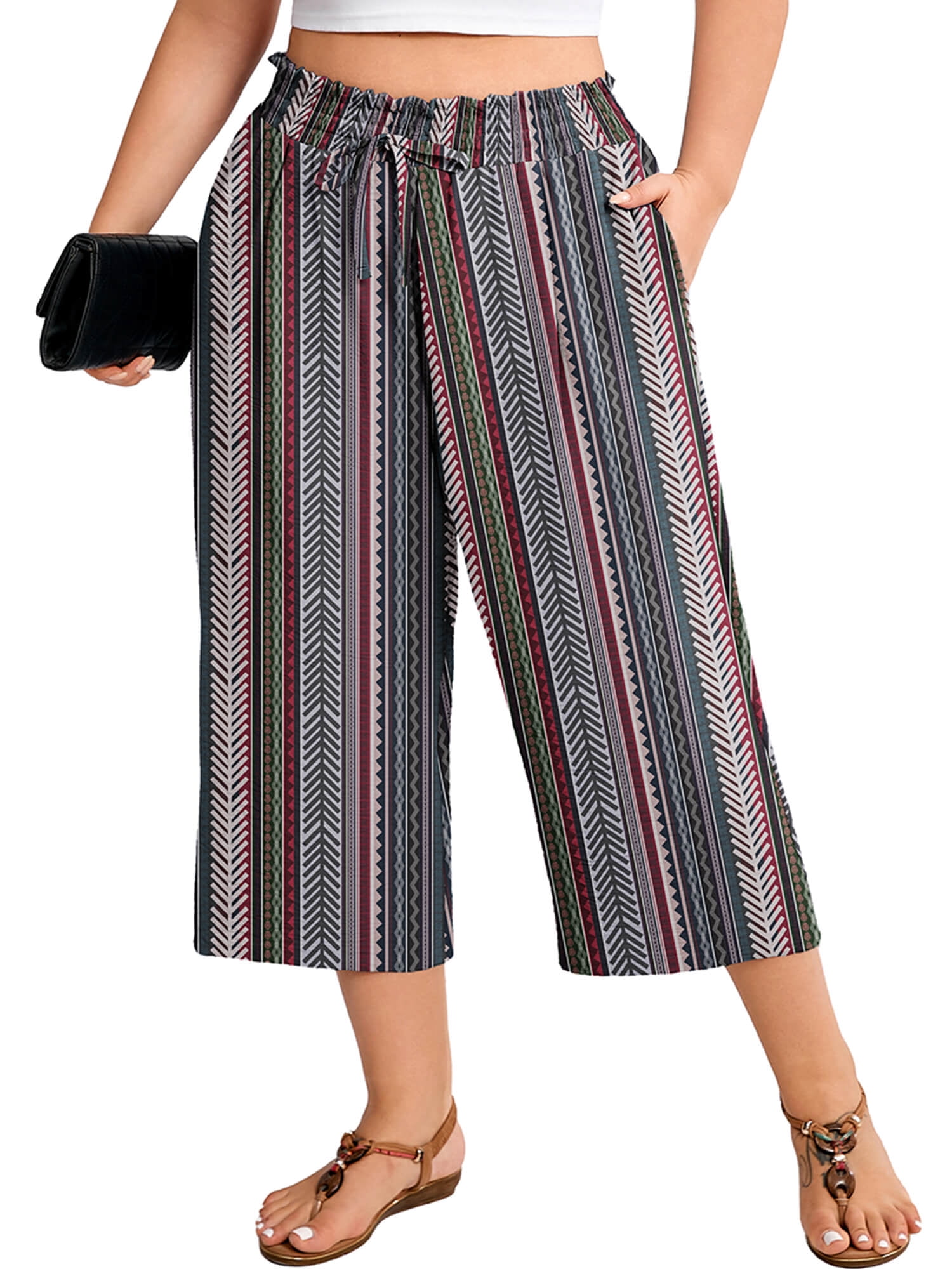 SHOWMALL Plus Size Cropped Pants for Women, Flowy Wide Leg Capris for ...
