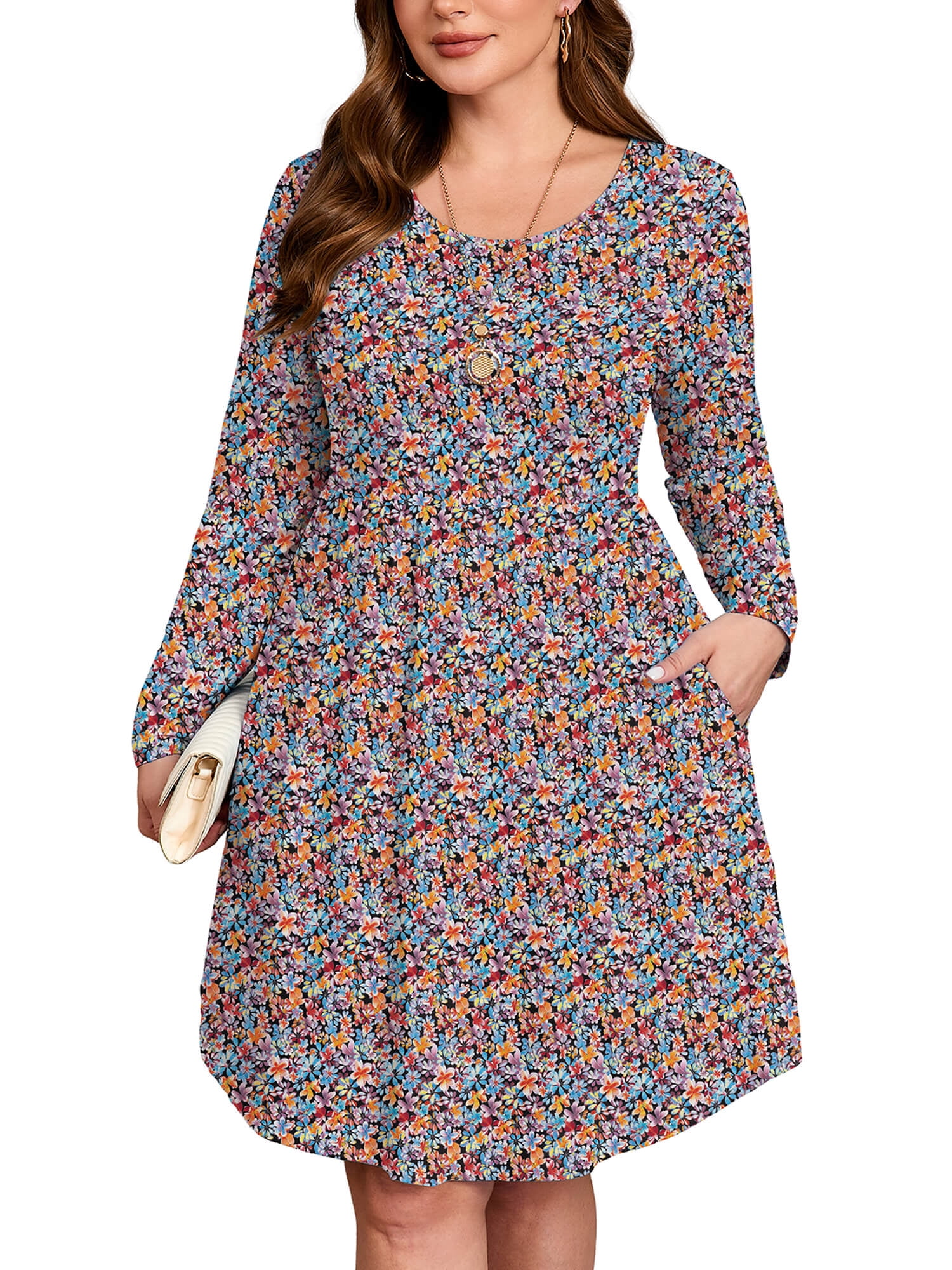SHOWMALL Plus Size Floral Midi Dress with Pockets for Women, Vibrant ...