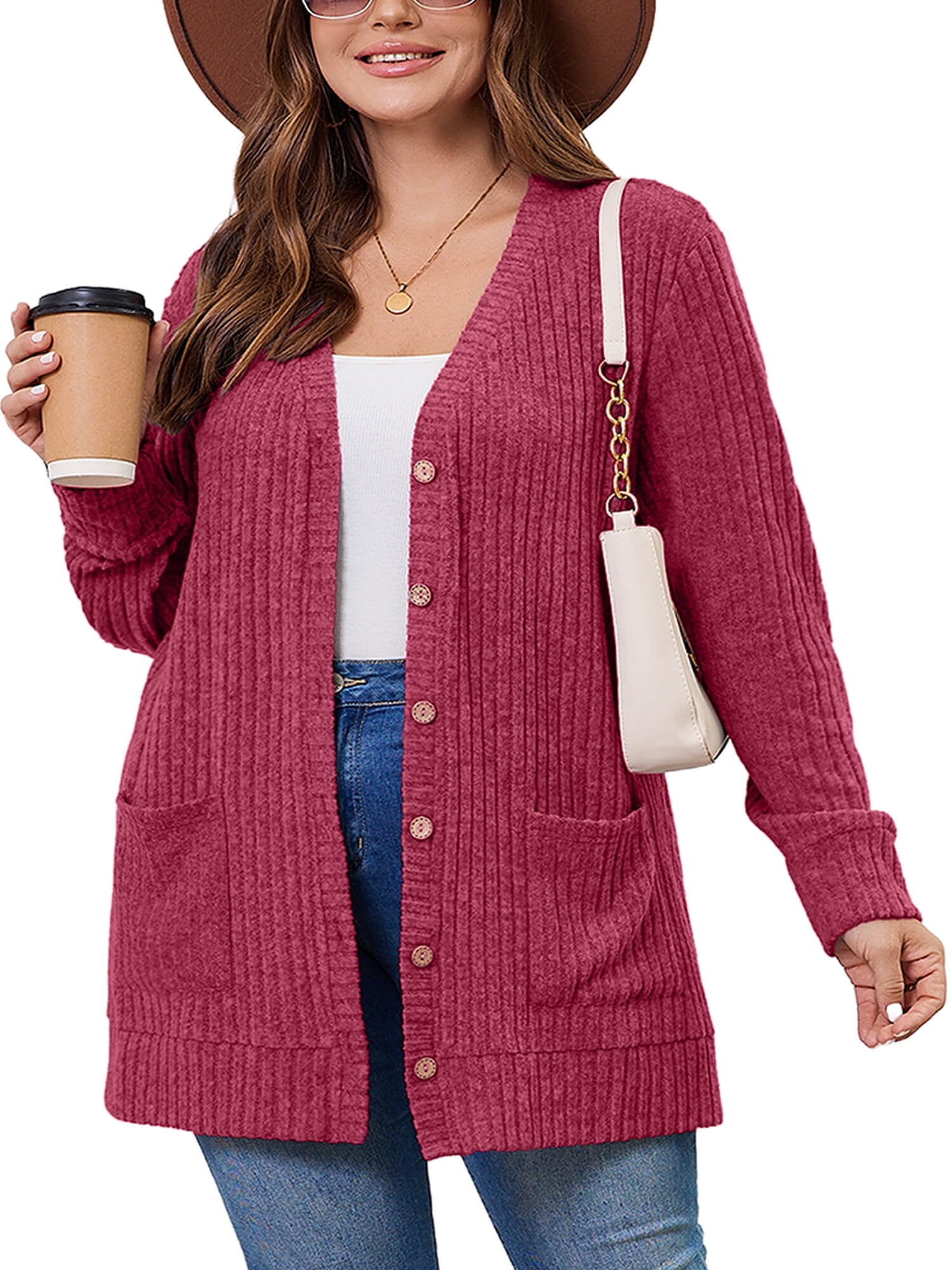 SHOWMALL Plus Size Ribbed Knit Cardigan for Women, Long Sleeve Button Down Jujube Red 3X Fuzzy ...