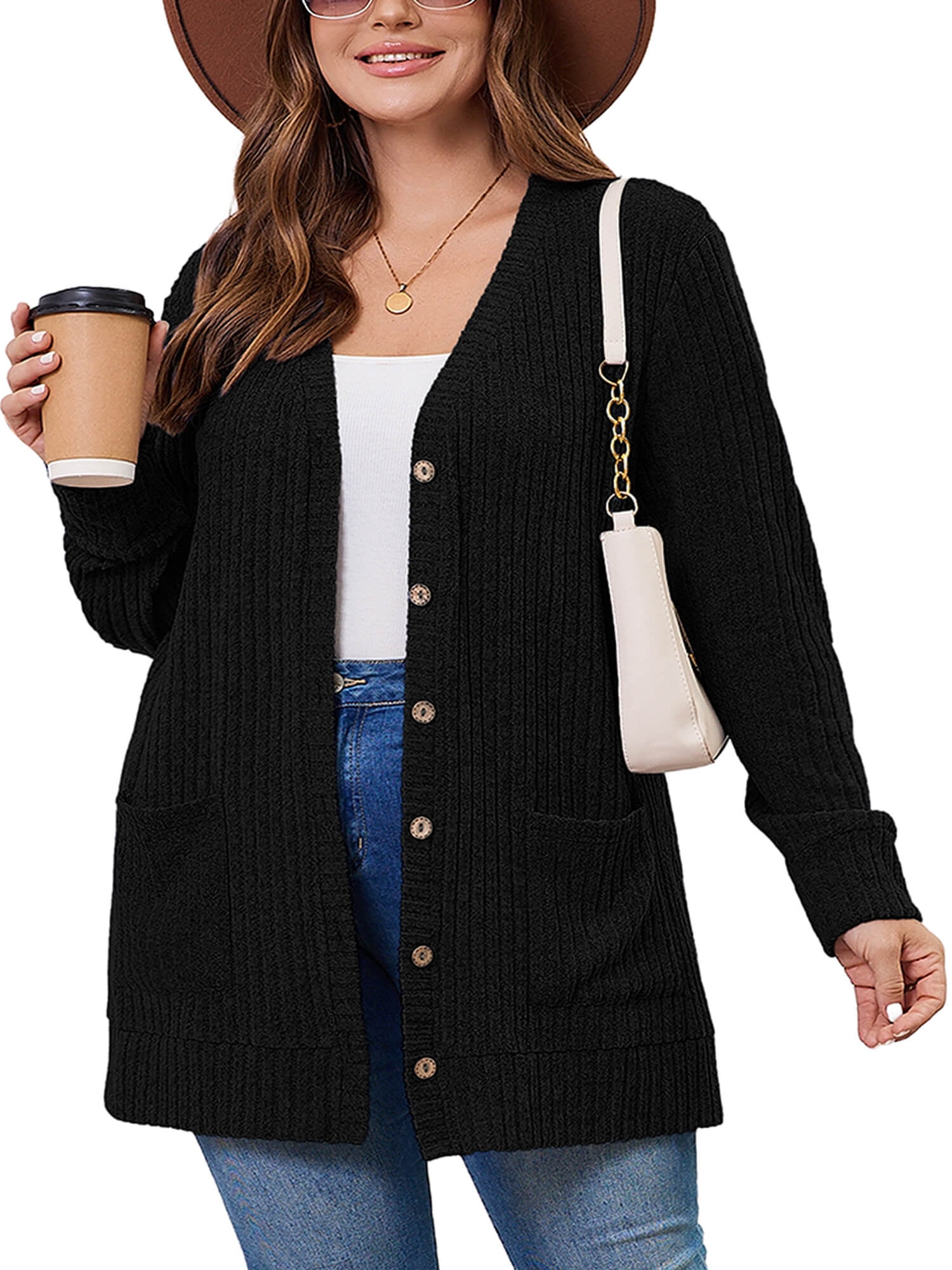 SHOWMALL Plus Size Ribbed Knit Cardigan for Women, Long Sleeve Button ...