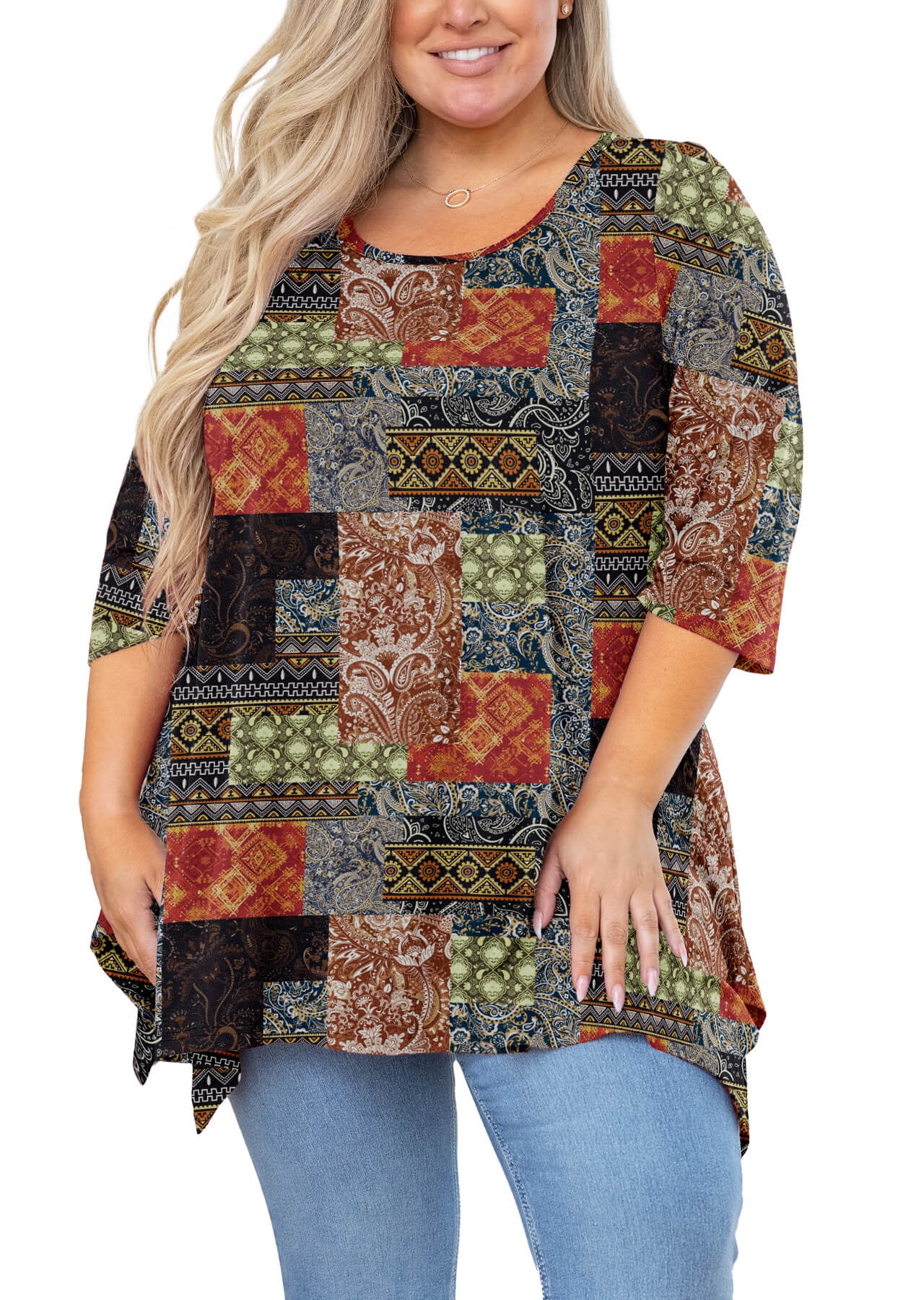 SHOWMALL Plus Size Shirt for Women 3/4 Sleeve Clothes Boho Patchchic ...