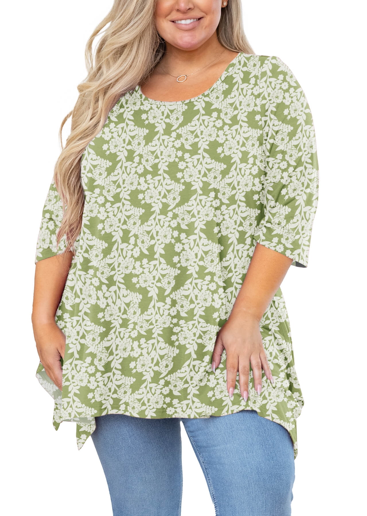 SHOWMALL Plus Size Shirt for Women 3/4 Sleeve Clothes Green Roses 4X ...