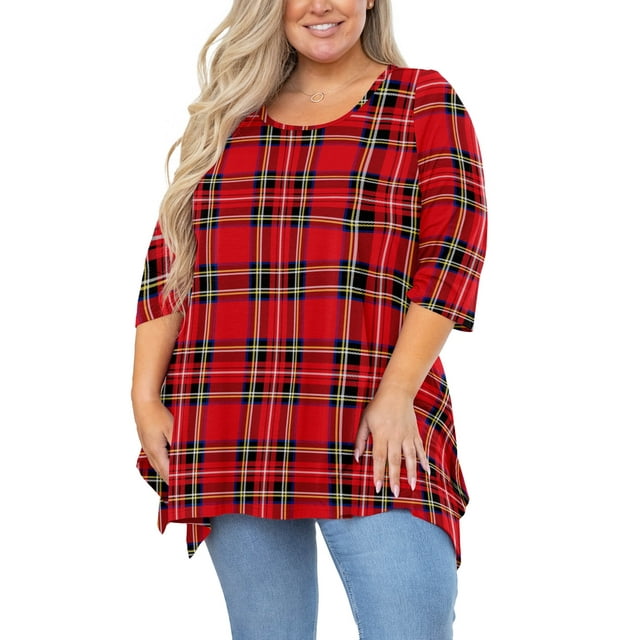 SHOWMALL Plus Size Shirt for Women 3/4 Sleeve Clothes Red Plaid 3X ...