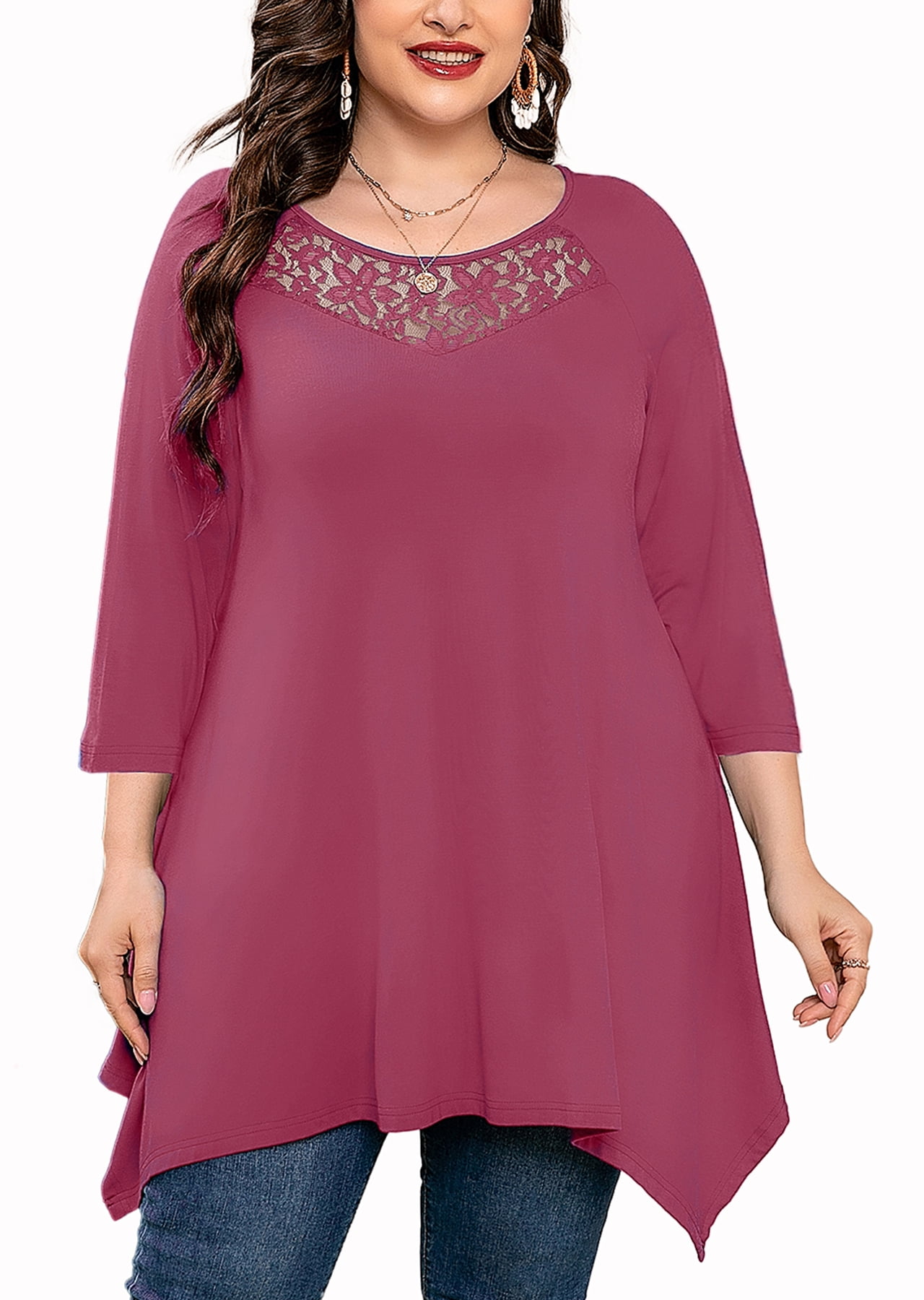 SHOWMALL Comfy Tunic Top for Women, Plus Size 3X, 3/4 Sleeve, Lace ...