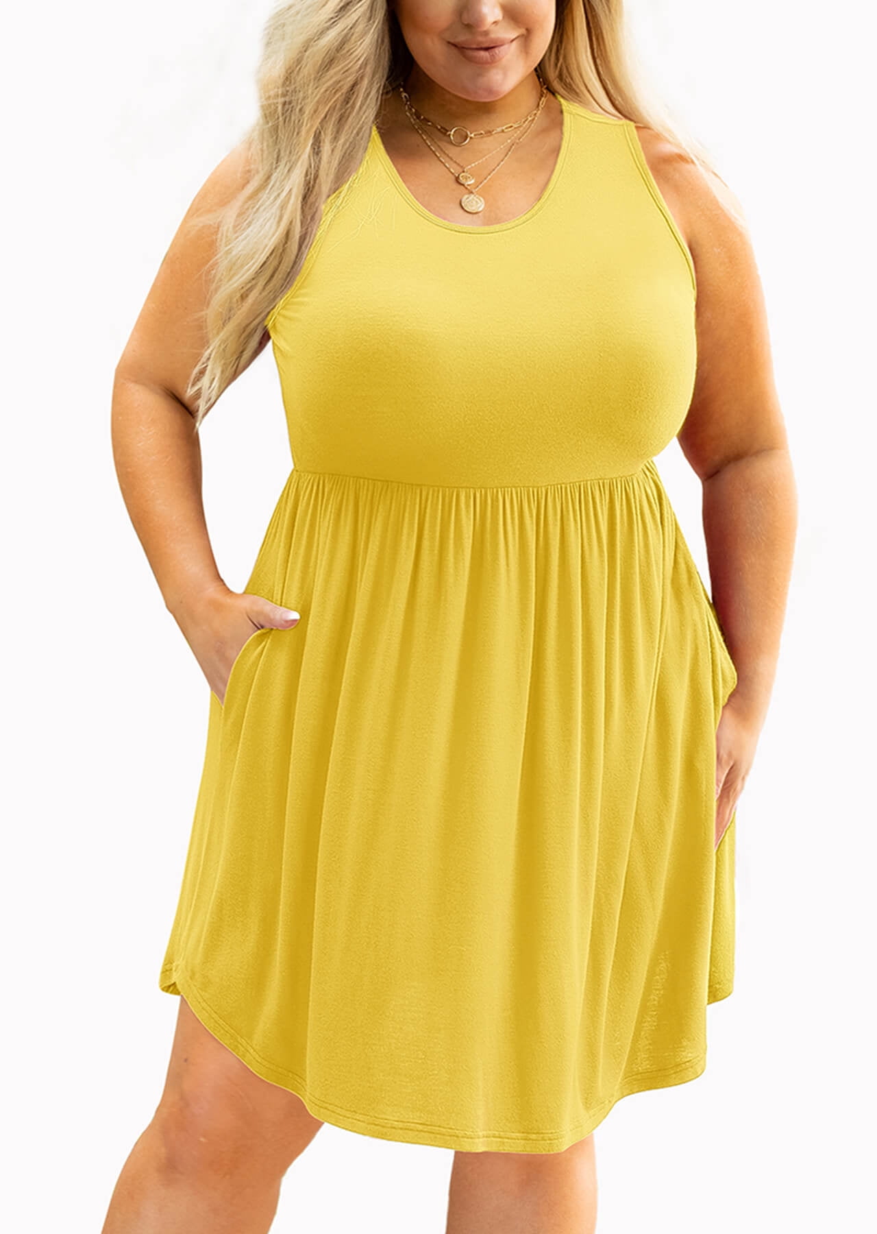 Showmall Plus Size Summer Dress for Women Bright Yellow Sleeveless ...