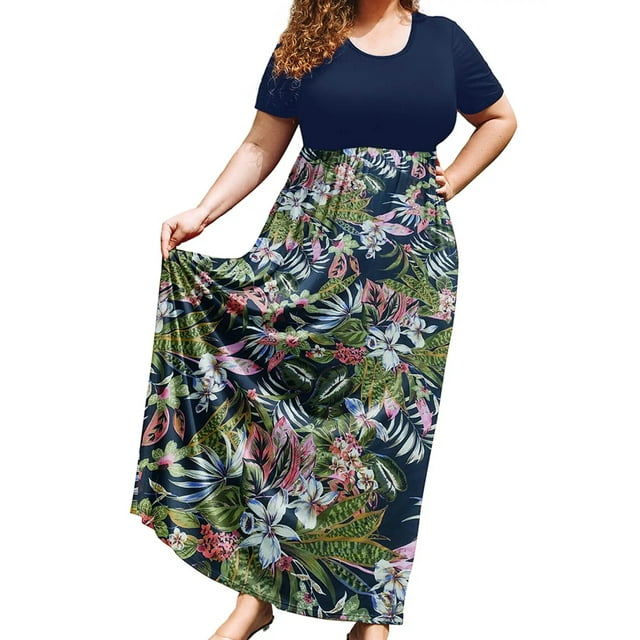 SHOWMALL Stretchy Plus Size Tropical 3X Maxi Dress, Short Sleeve ...