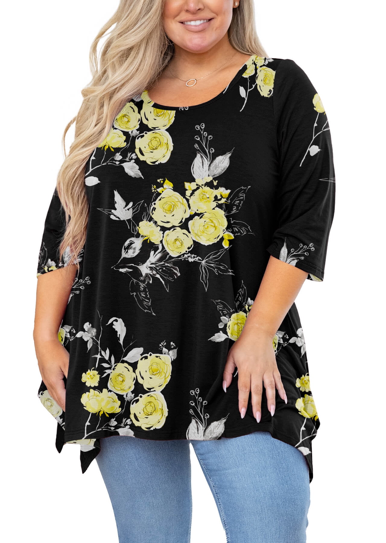 SHOWMALL Plus Size Tops for Women Tunic 3/4 Sleeve Clothes Black Golden ...