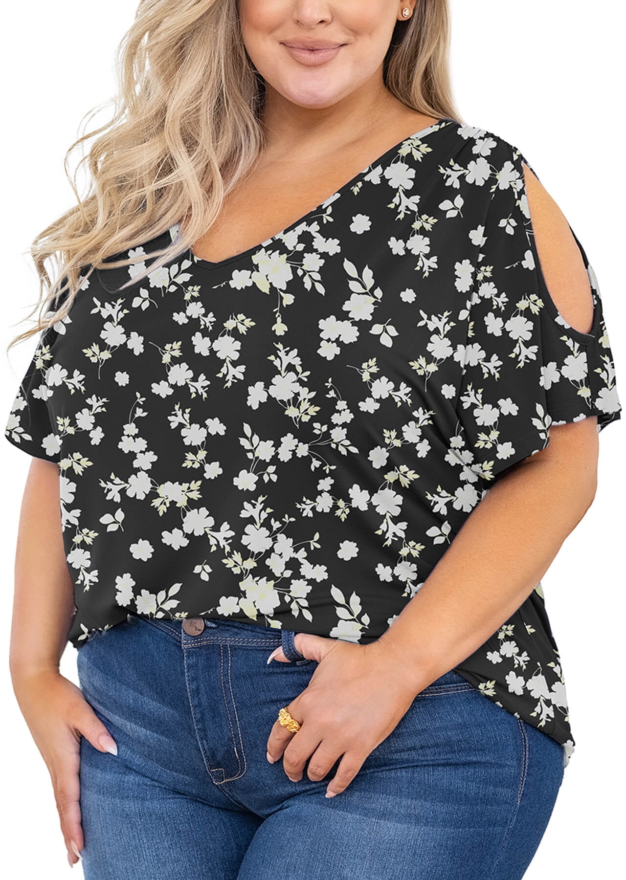 Showmall Plus Size Cold Shoulder Tops, Black, V Neck, Short Sleeve ...