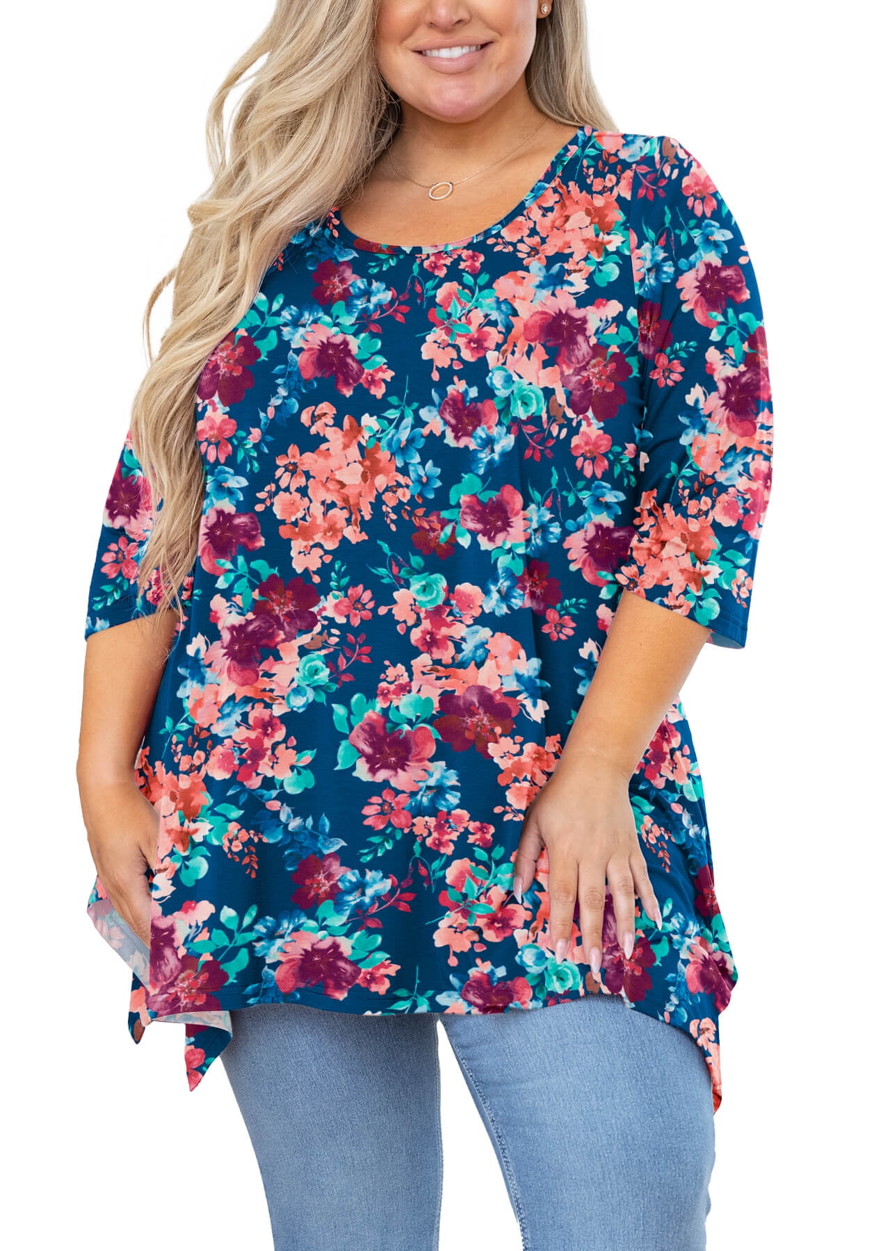Showmall Plus Size Tops, 3/4 Sleeve Tunic, Crewneck Flowy Shirt ...