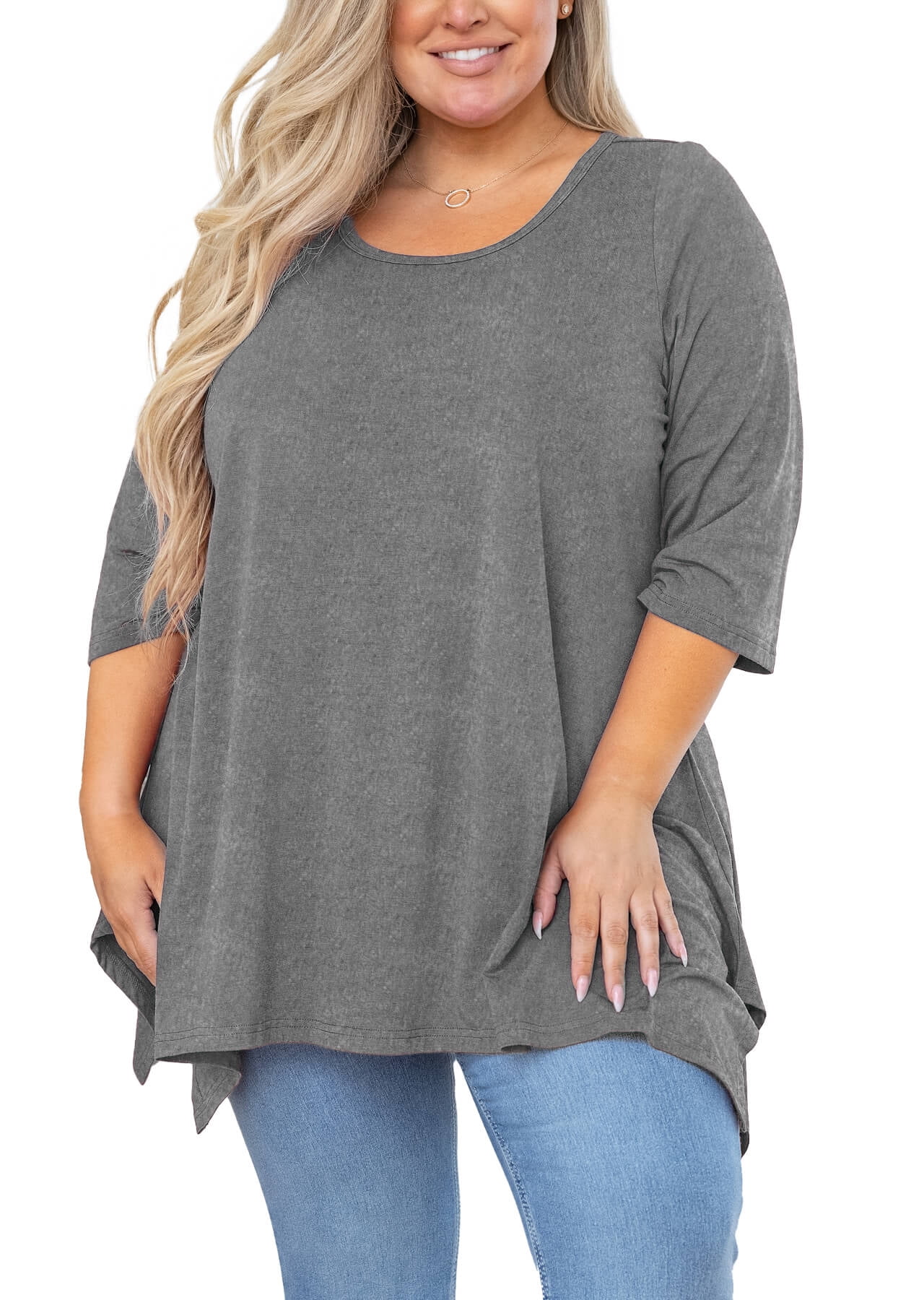 Showmall Plus Size Tunic Top, 3/4 Sleeve Gray Crewneck Swing Shirt ...