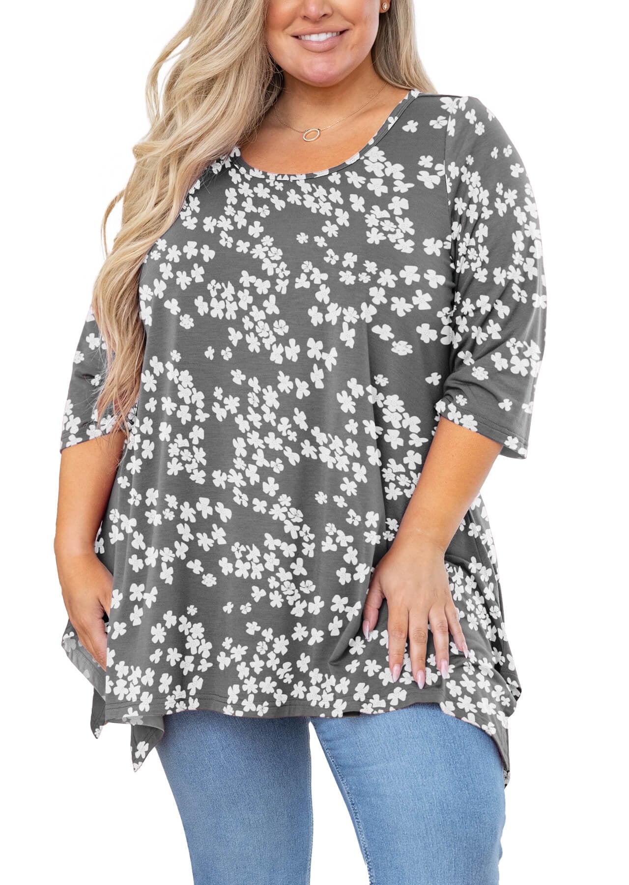 Showmall Plus Size Tunic Top, 3/4 Sleeve Grey Sakura Swing Shirt ...