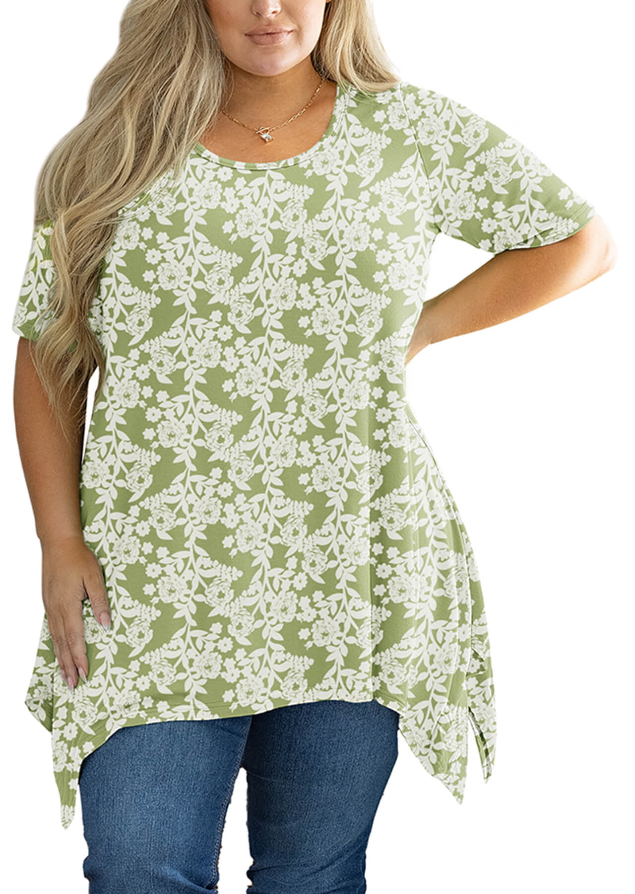 SHOWMALL Plus Size Tunic Tops, Short Sleeve, Green Roses, 3X, Summer ...