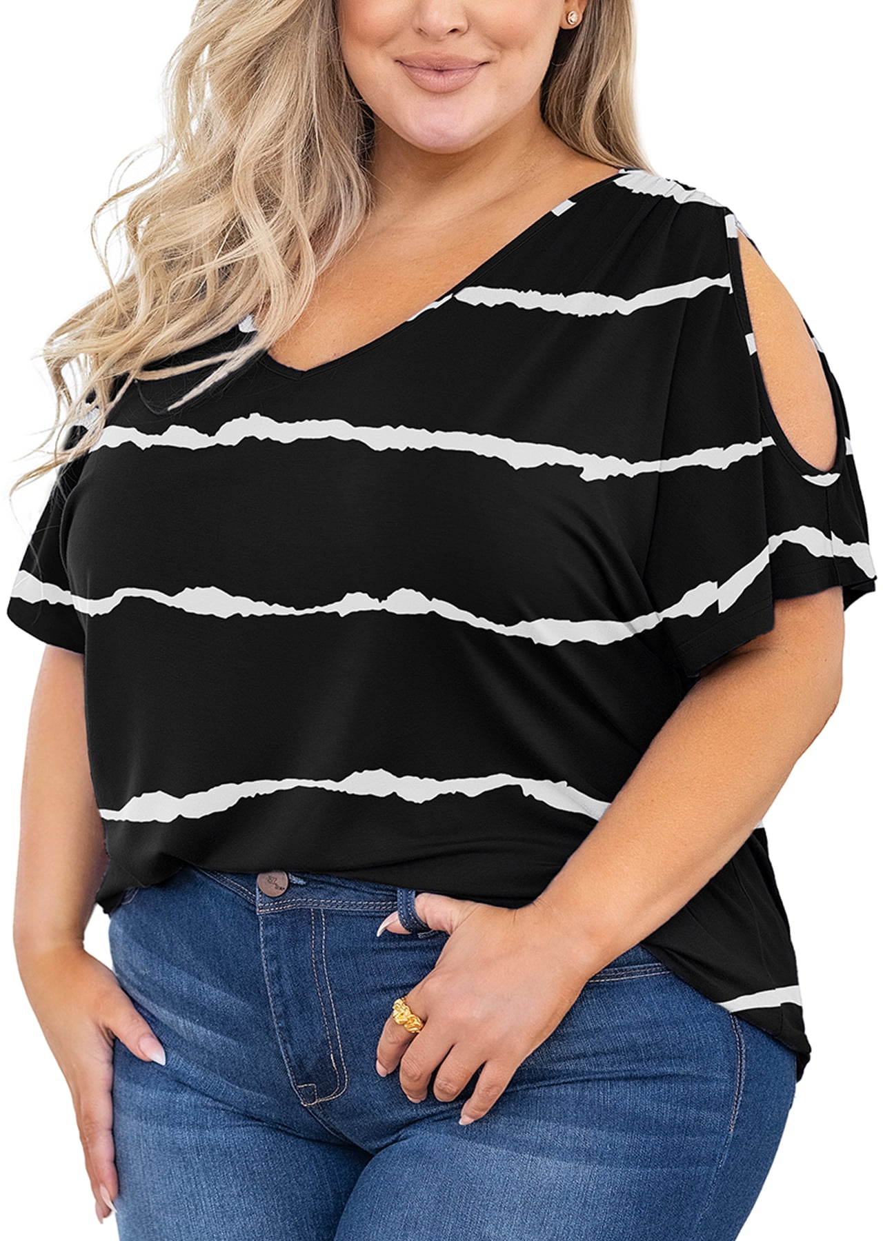 SHOWMALL Plus Size Tunic for Women Cold Shoulder Top Black Stripe 4X ...
