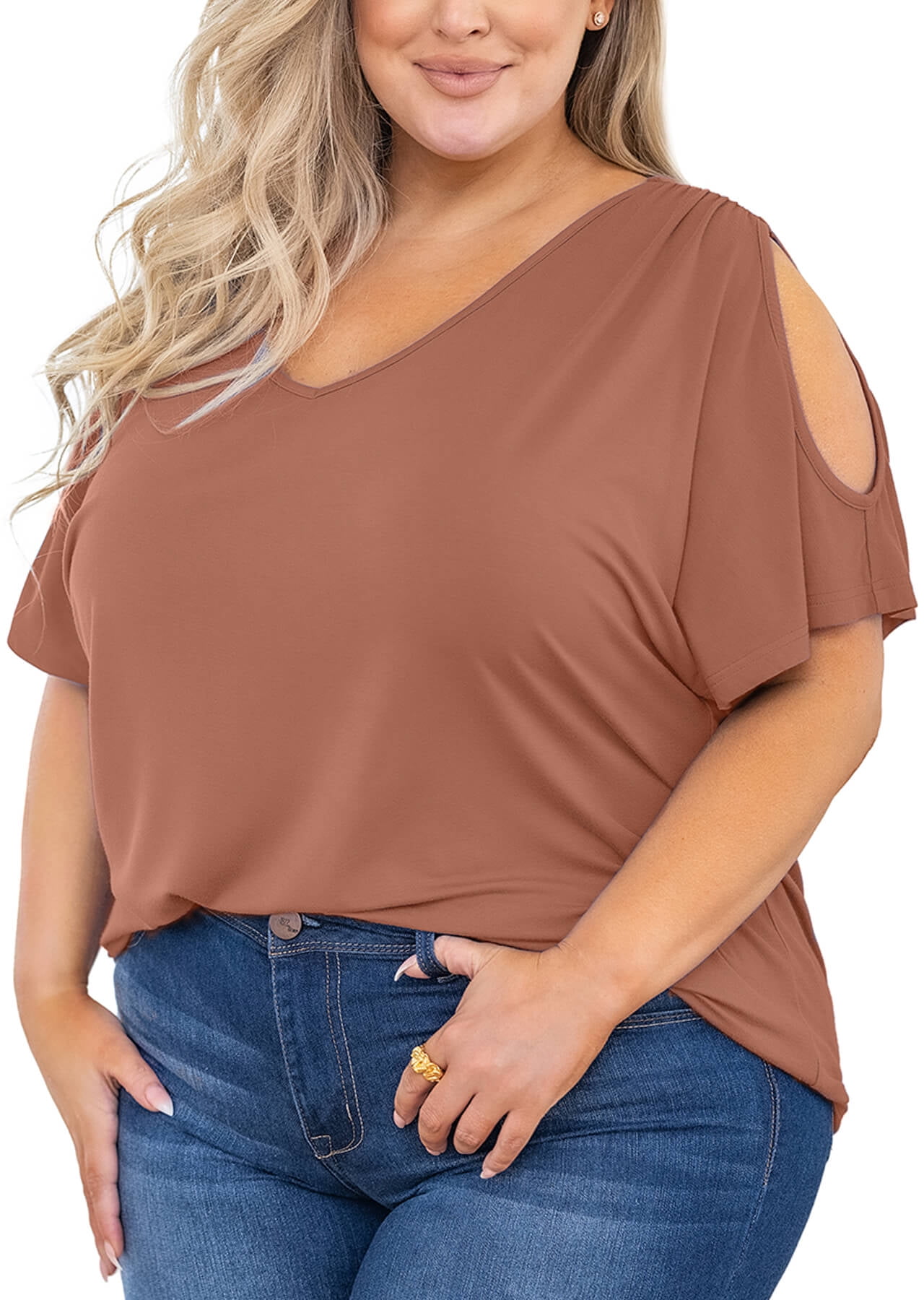 SHOWMALL Plus Size Tunic for Women Cold Shoulder Top Light coffee 3X ...