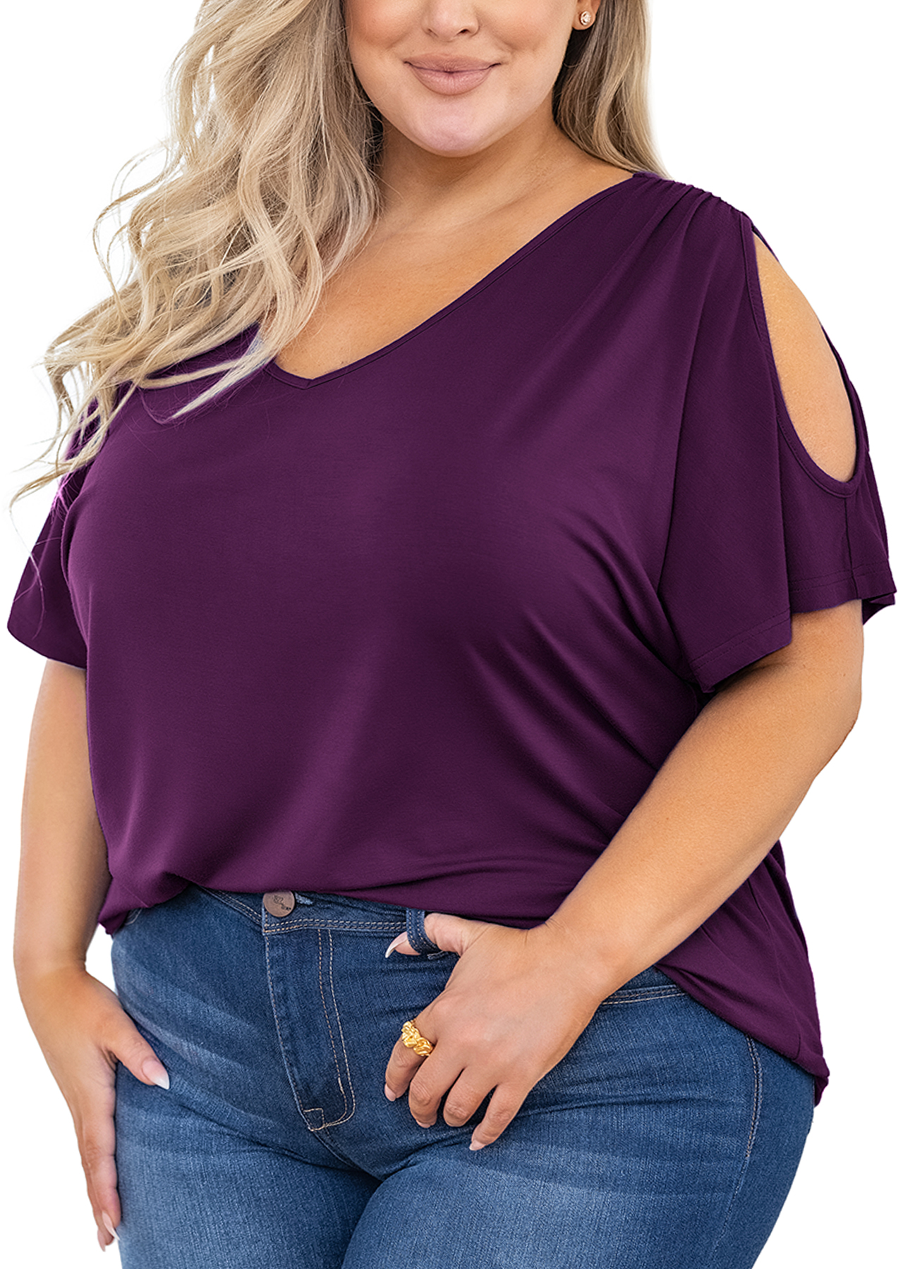 JuneFish Women's Plus Size Cold Shoulder Tunic Top Summer Short Sleeve ...