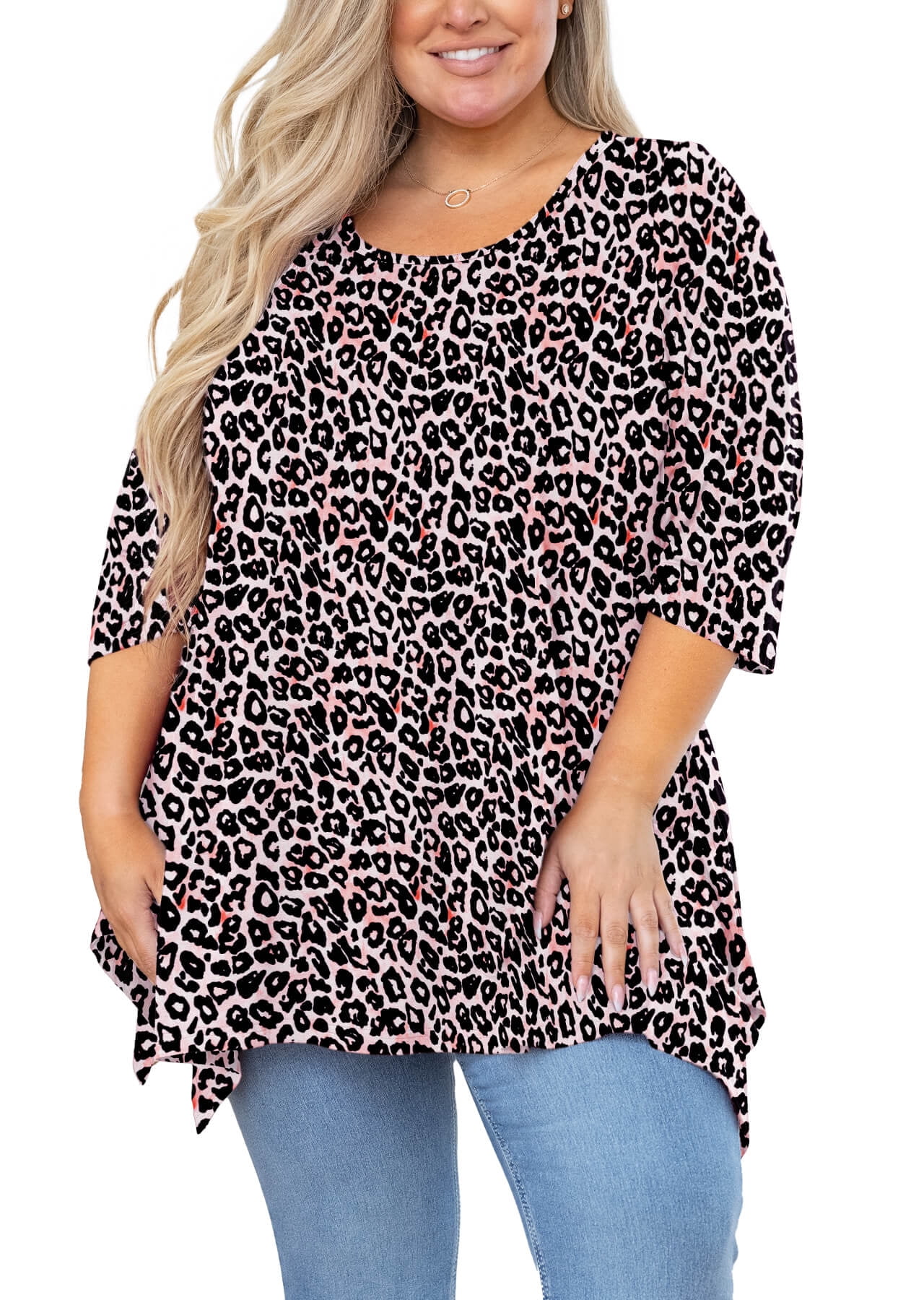 SHOWMALL Plus Size Women Top 3/4 Sleeve Clothes Fancy Peachy Leopard 5X ...