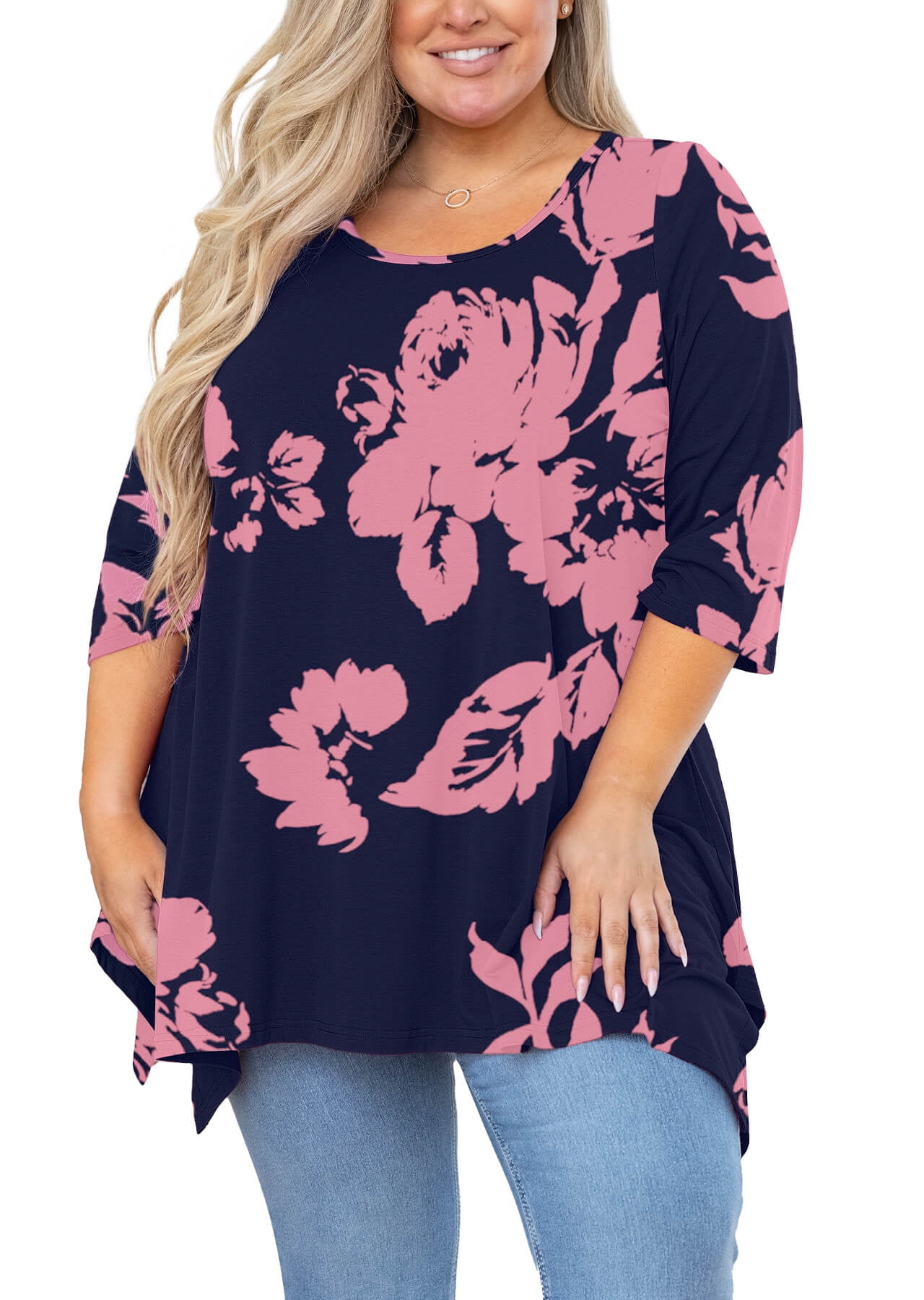 Showmall Plus Size Tunic Top, 3/4 Sleeve Loose Shirt, Crewneck Swing ...