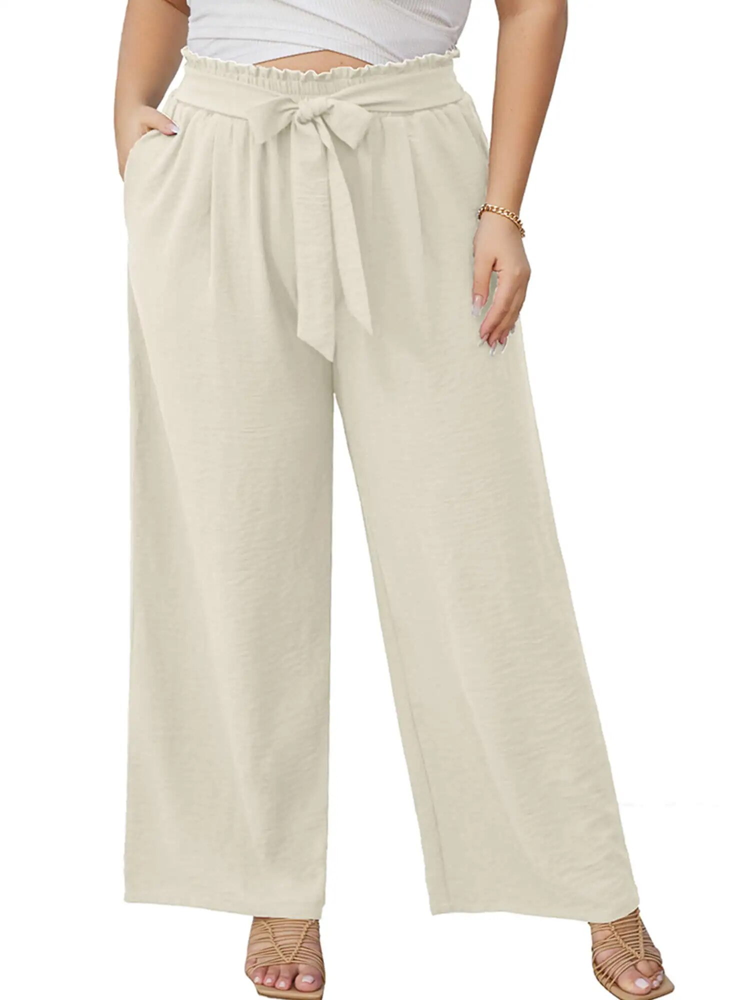 SHOWMALL Plus Size Women's Wide Leg Lounge Pants with Pockets Ivory 1X ...