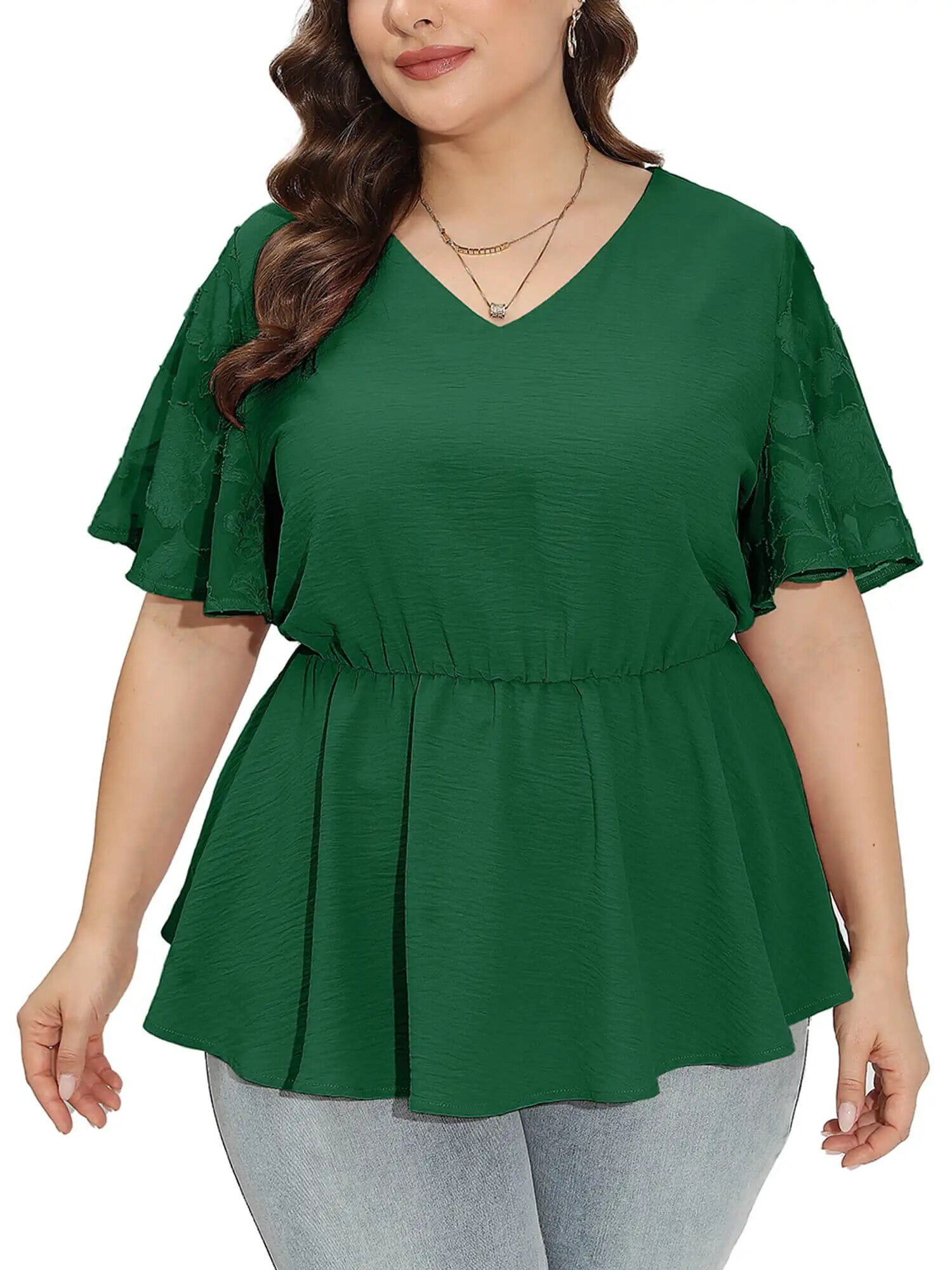 SHOWMALL Women Plus Blouses Casual Peplum Summer Lace Short Bell Sleeve ...