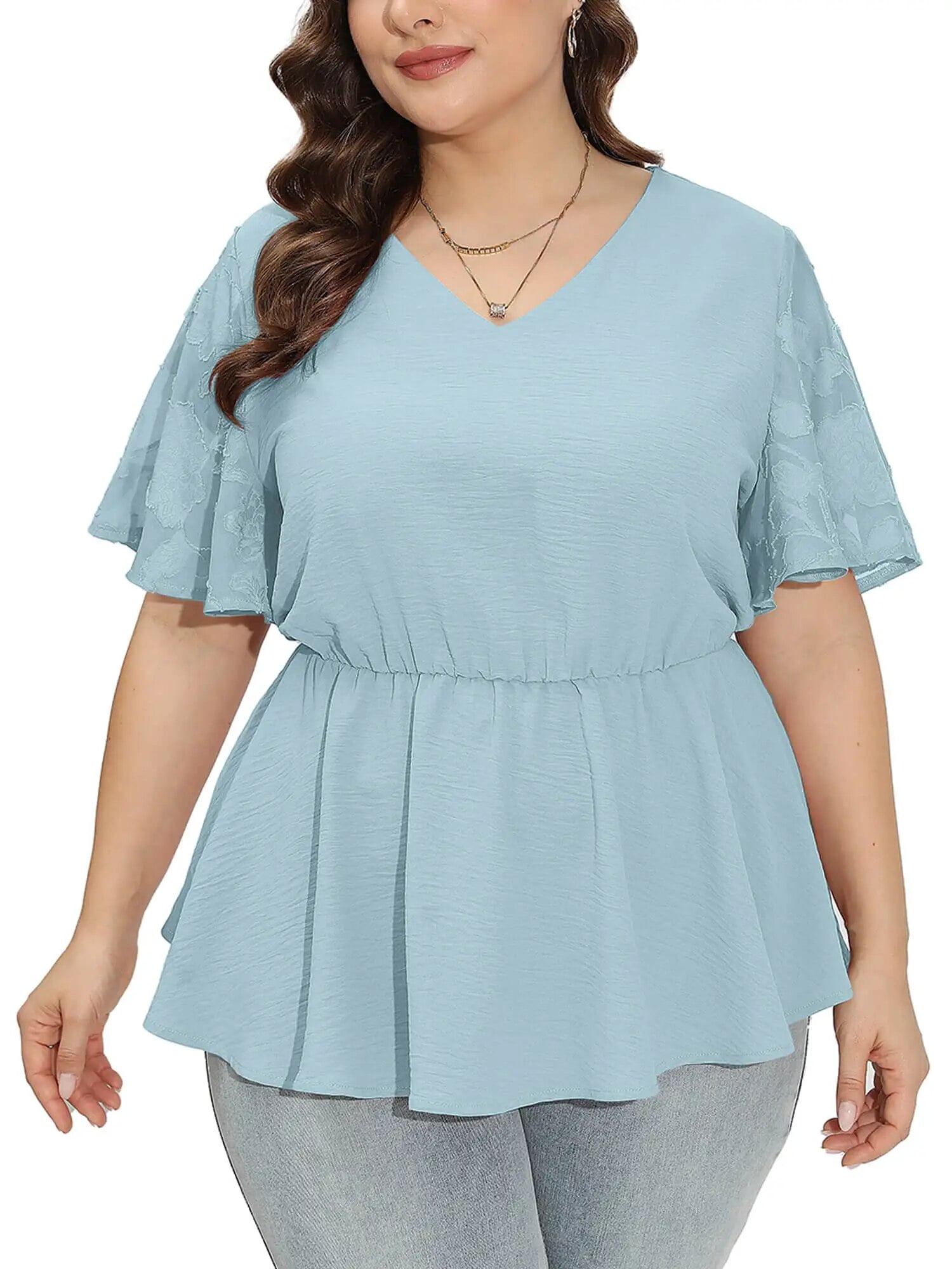 SHOWMALL Women Plus Blouses Casual Peplum Summer Lace Short Bell Sleeve ...