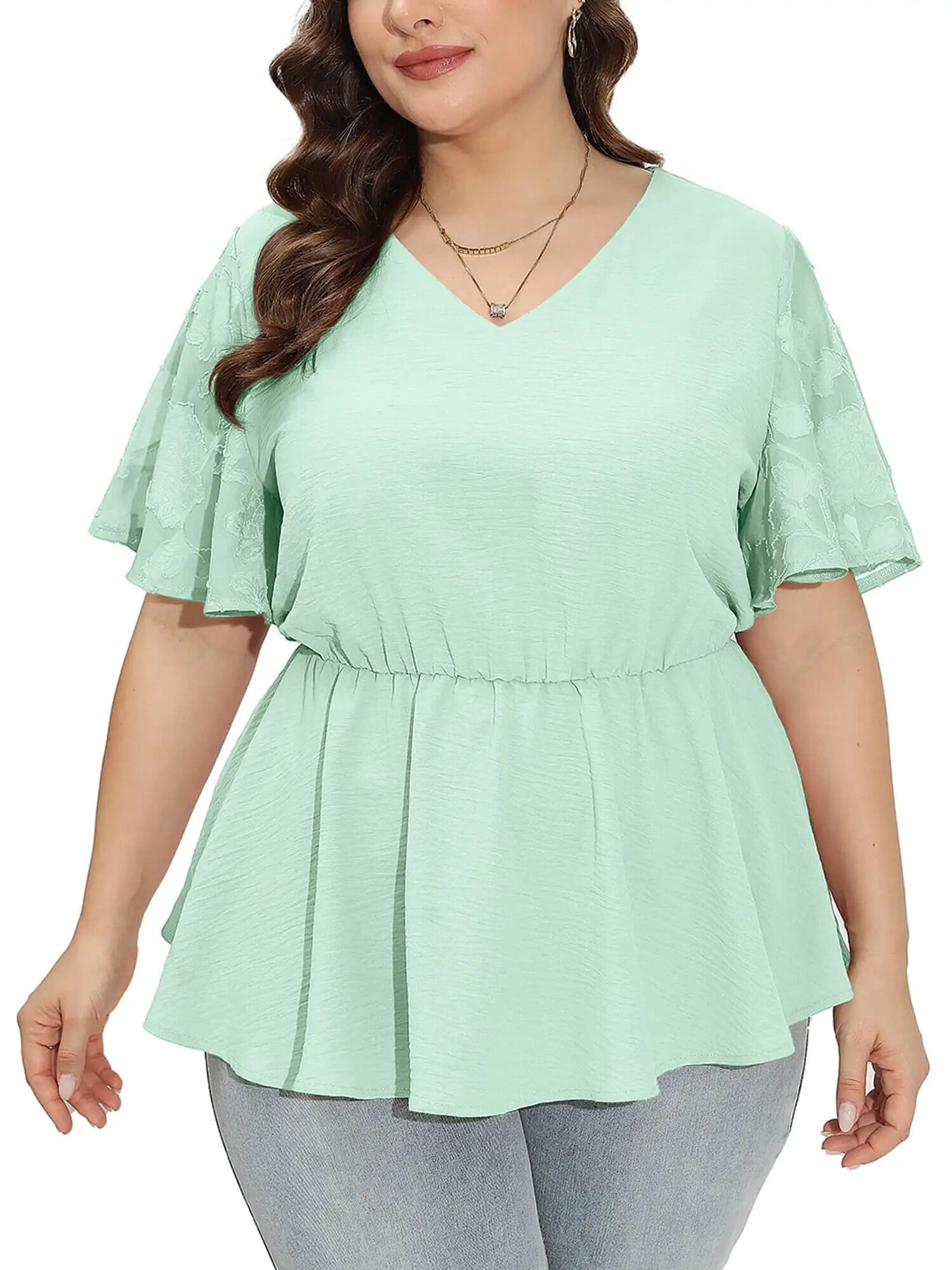 SHOWMALL Women Plus Blouses Casual Peplum Summer Lace Short Bell Sleeve ...
