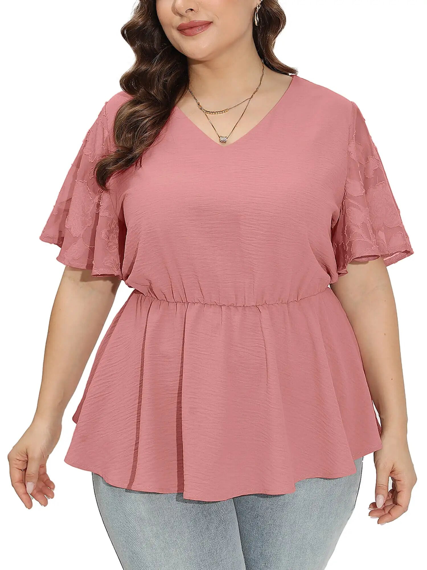 SHOWMALL Women Plus Blouses Casual Peplum Summer Lace Short Bell Sleeve Tops Dressy Pink 2X ...