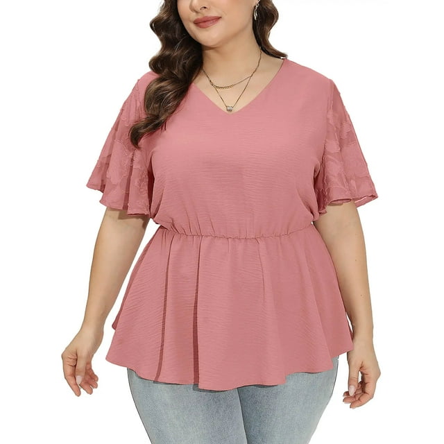 SHOWMALL Women Plus Blouses Casual Peplum Summer Lace Short Bell Sleeve ...
